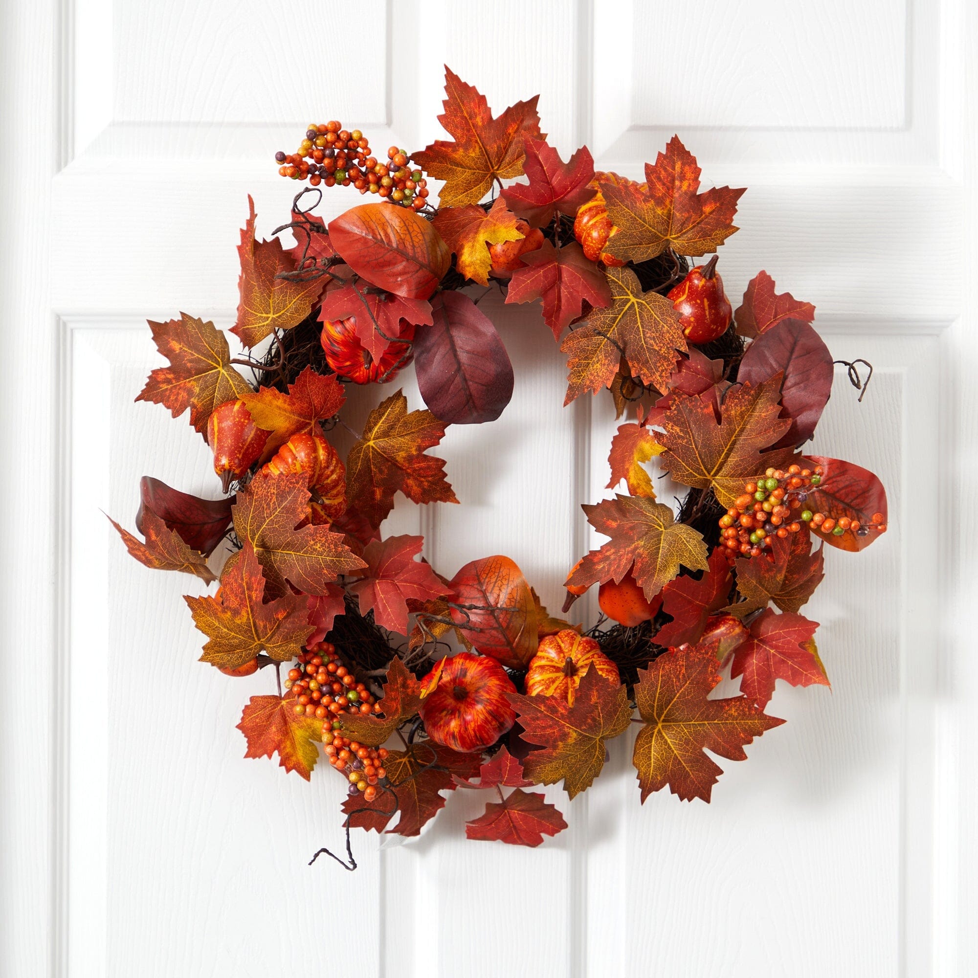 24” Autumn Maple Leaves, Pumpkin, Pinecone and Berries Artificial Fall ...
