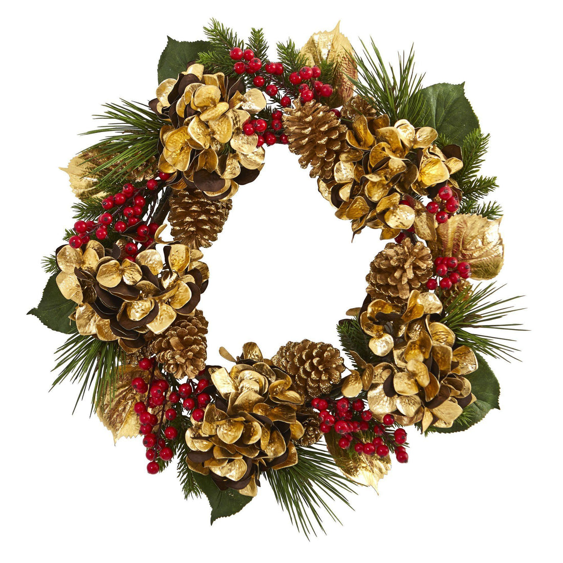 24” Golden Hydrangea with Berries and Pine Artificial Wreath | Nearly ...