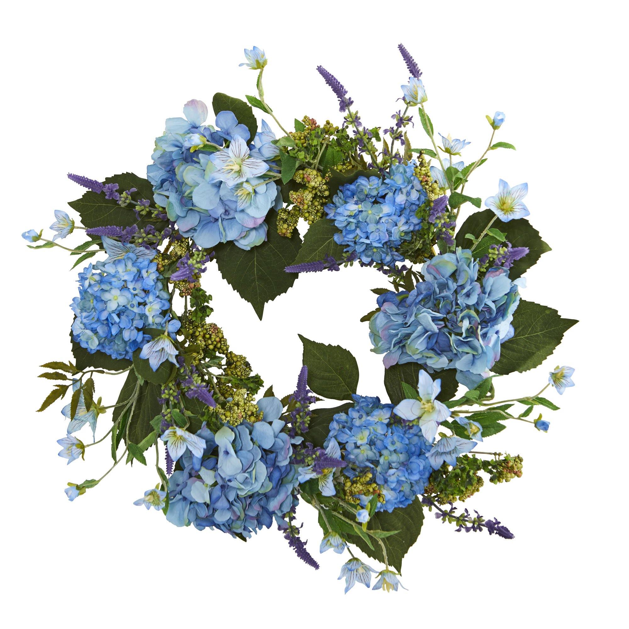 24” Artificial Blue Hydrangea Wreath | Nearly Natural