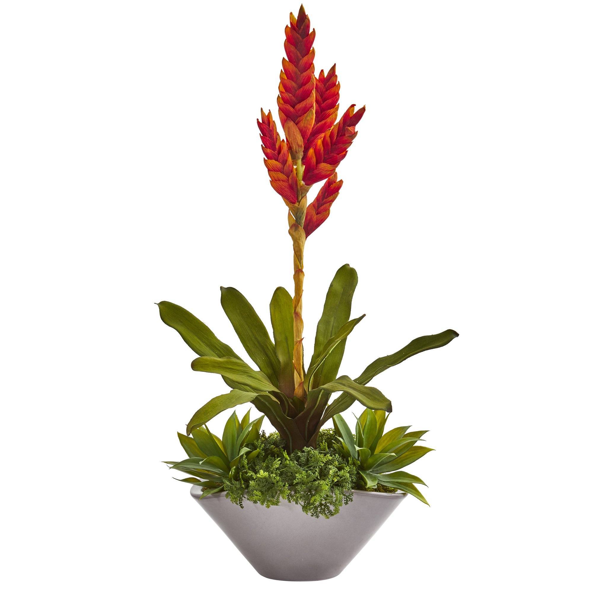 24” Tropical Bromeliad and Agave Artificial Plant in Gray Planter ...