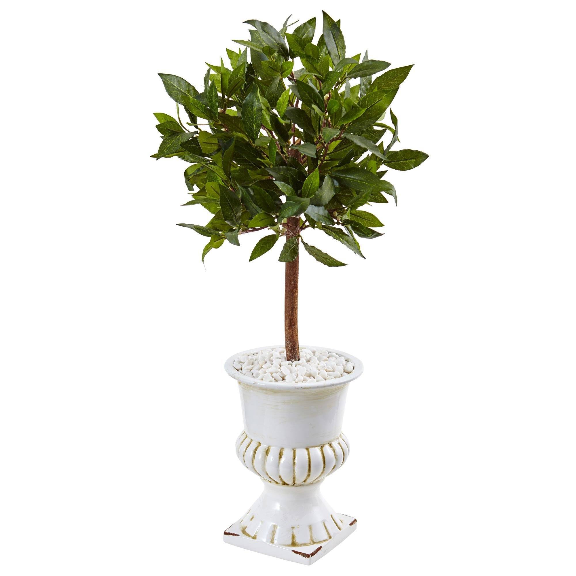 2.5’ Sweet Bay Mini Topiary Tree in White Urn | Nearly Natural