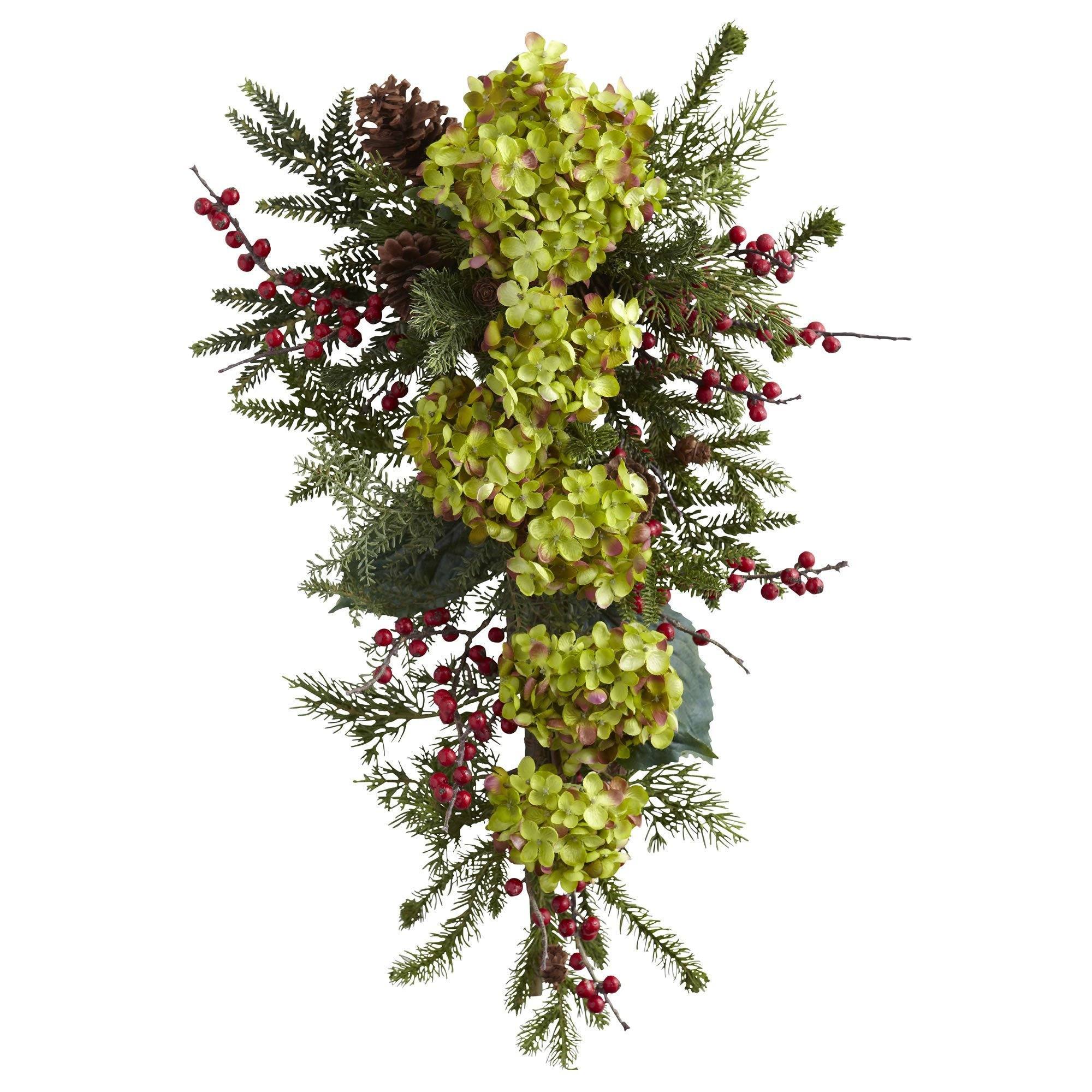 26” Hydrangea, Pine & Berry Teardrop | Nearly Natural