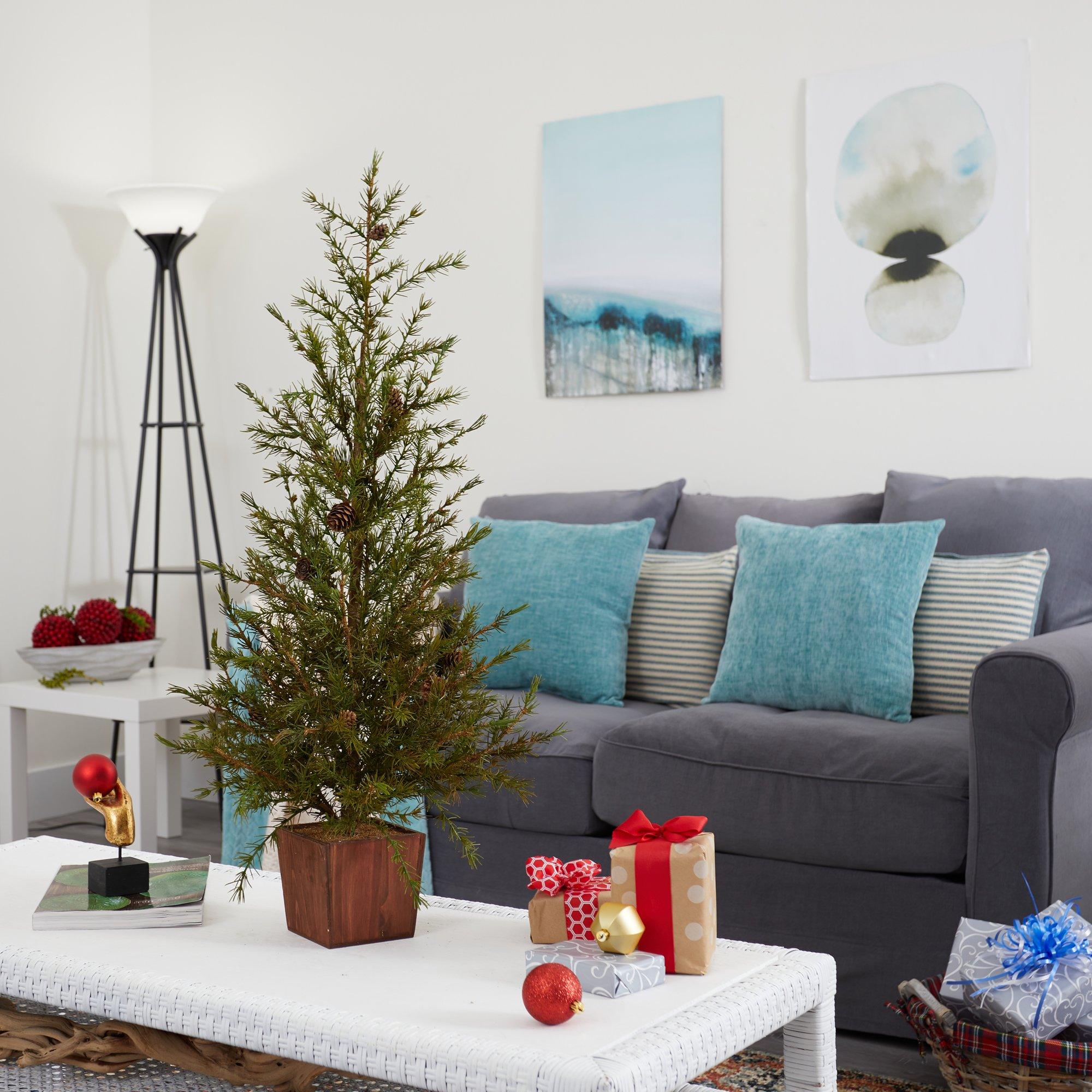 3’ Alpine “Natural Look” Artificial Christmas Tree in Wood Planter with ...