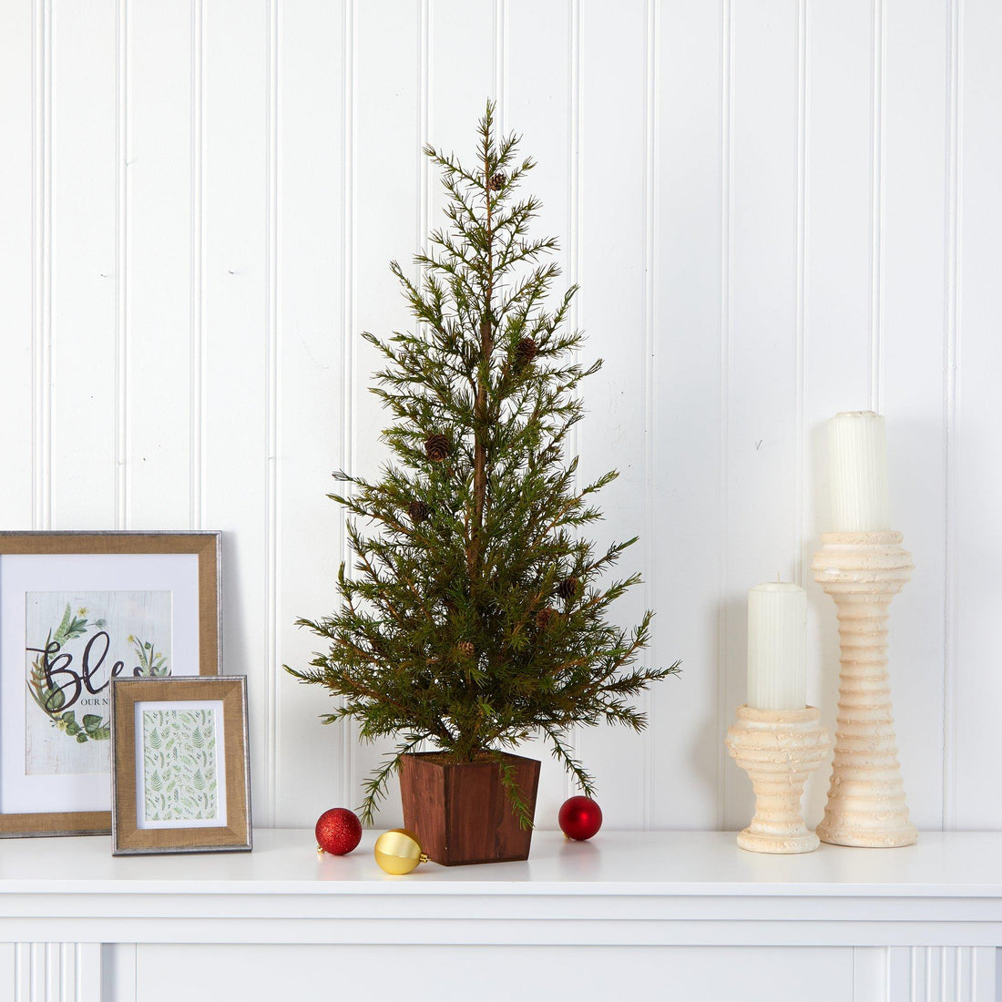 3’ Alpine “Natural Look” Artificial Christmas Tree in Wood Planter with ...