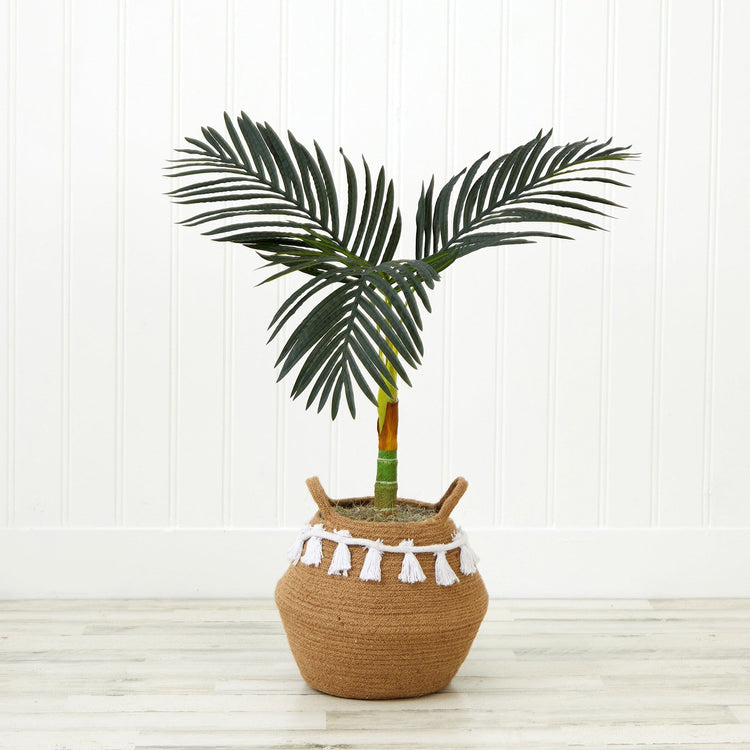 3' Artificial Golden Cane Palm Tree with Handmade Jute & Cotton Basket ...