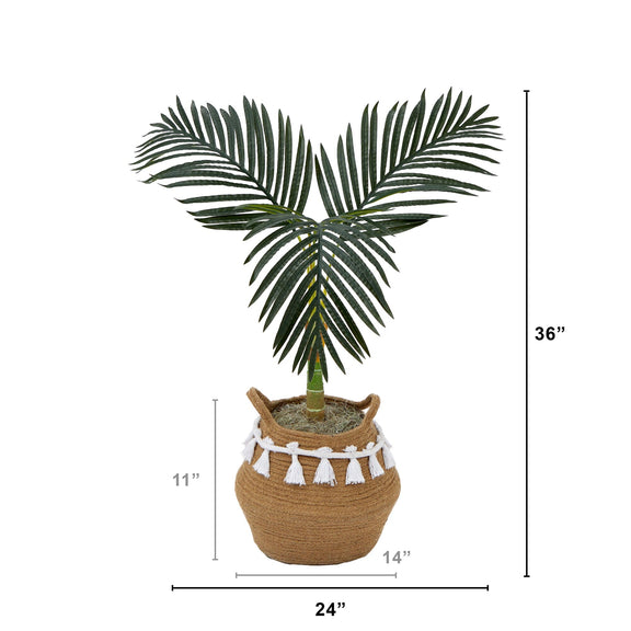 3' Artificial Golden Cane Palm Tree with Handmade Jute & Cotton Basket ...