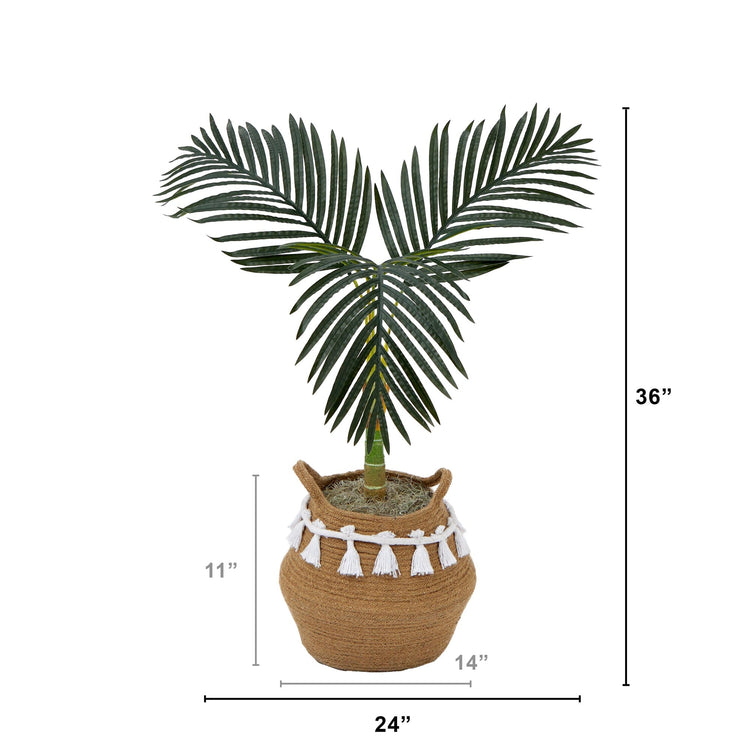 3' Artificial Golden Cane Palm Tree with Handmade Jute & Cotton Basket ...