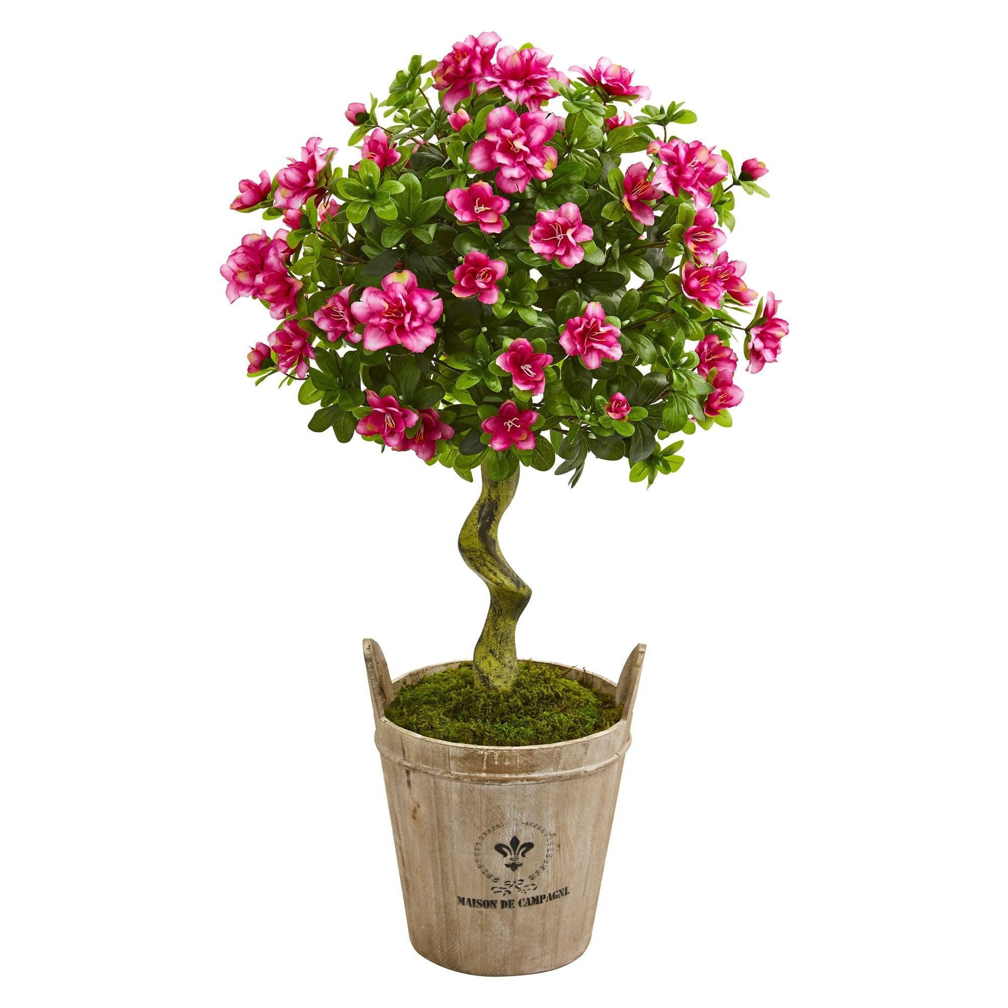 3’ Azalea Artificial Topiary Tree in Farmhouse Planter | Nearly Natural
