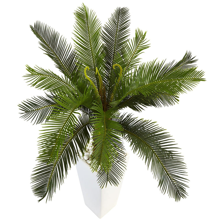 3’ Cycas Tree in White Tower Planter | Nearly Natural