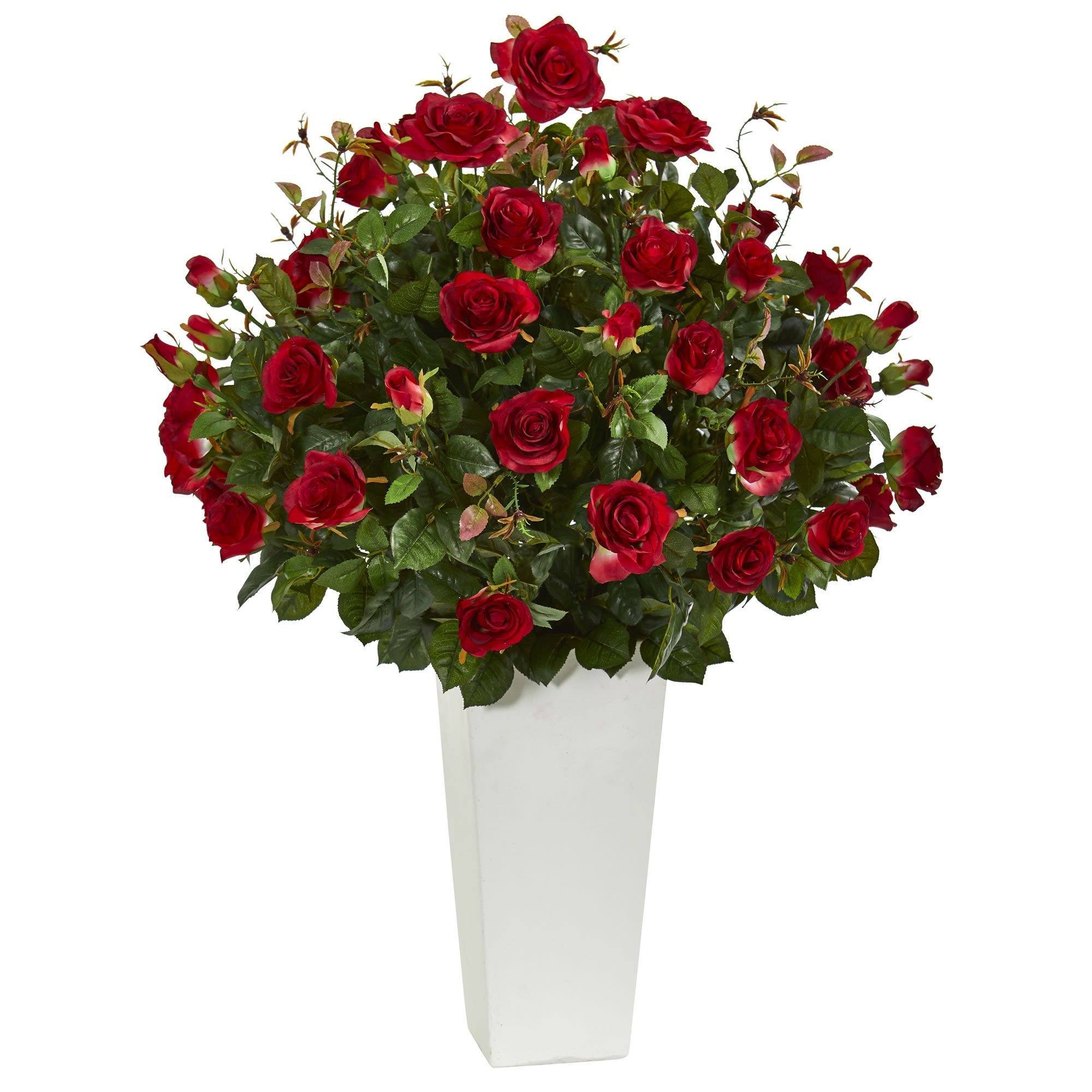 3’ Rose Bush Artificial Plant in White Tower Vase | Nearly Natural