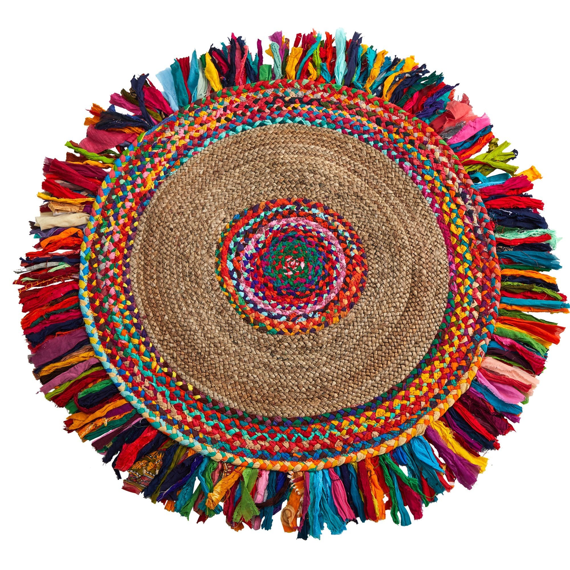 3’ x 3’ Handmade Woven Chindi Jute Rug with Colorful Fringe | Nearly ...
