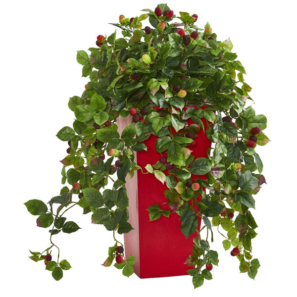30” Rasberry Artificial Plant in Red Tower Planter | Nearly Natural