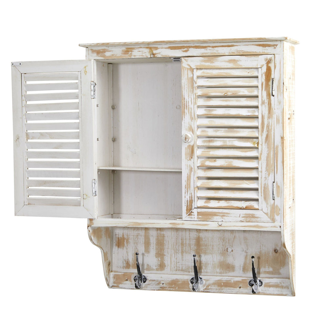 32” White Washed Wall Cabinet with Hooks | Nearly Natural