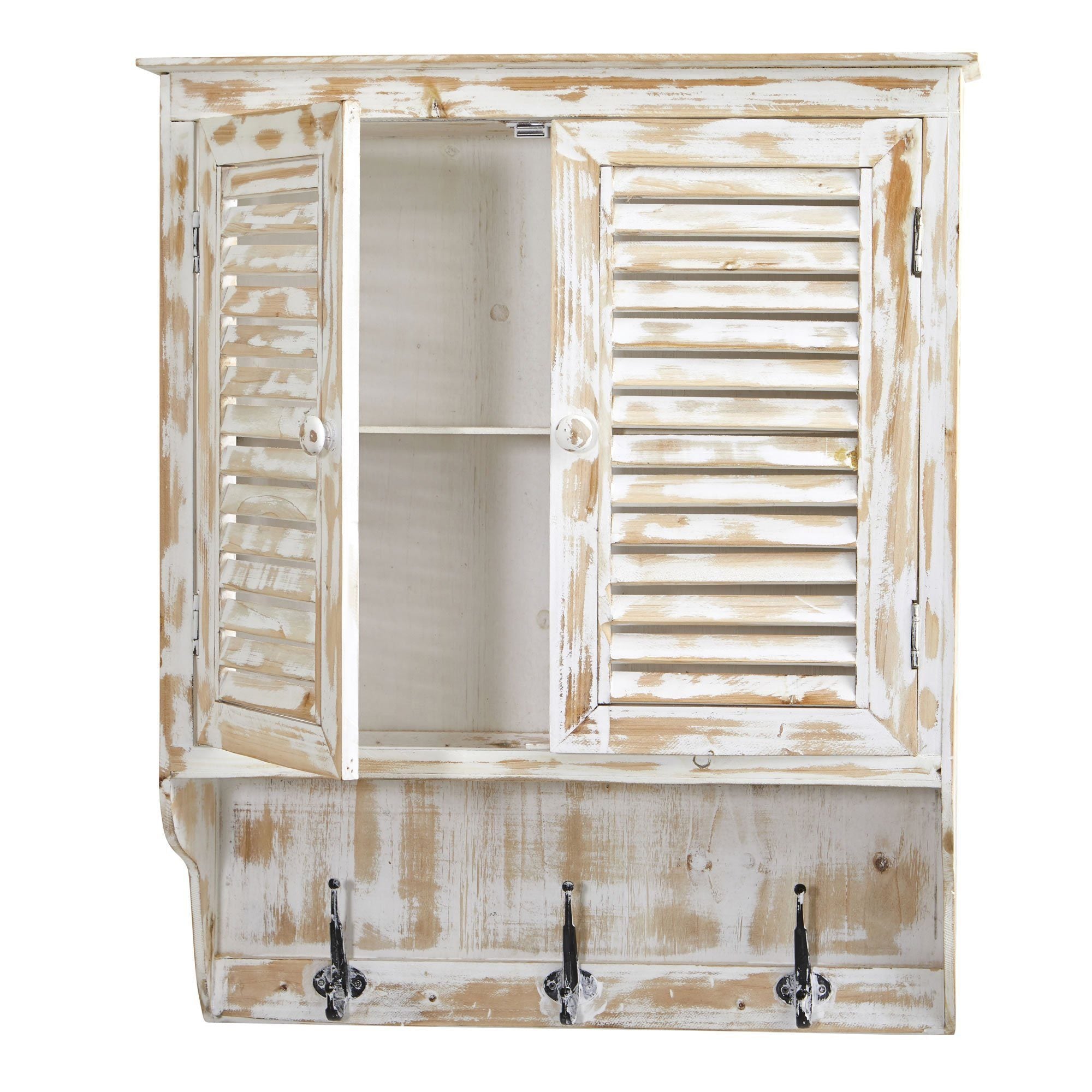 32” White Washed Wall Cabinet with Hooks | Nearly Natural