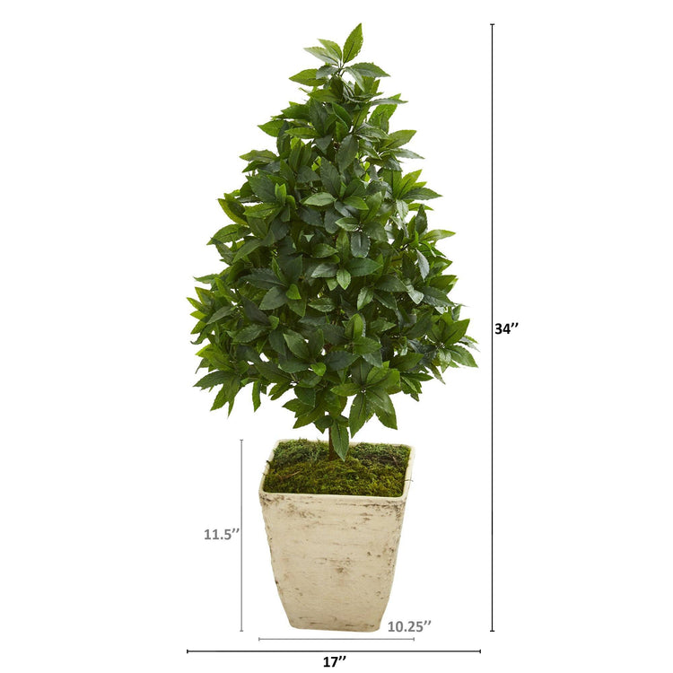 34” Sweet Bay Cone Topiary Artificial Tree in Country White Planter ...