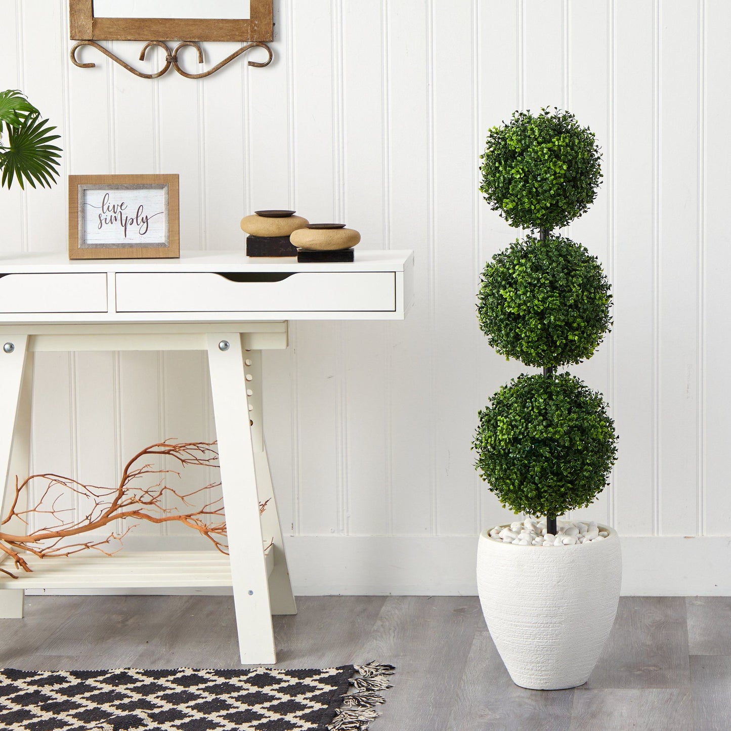 3.5’ Boxwood Triple Ball Topiary Artificial Tree in White Planter ...