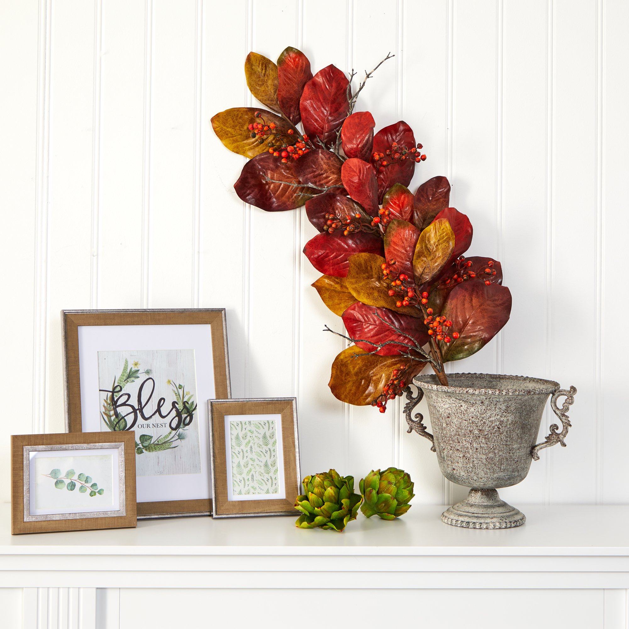 36” Autumn Magnolia Leaf with Berries Artificial Tear Drop | Nearly Natural
