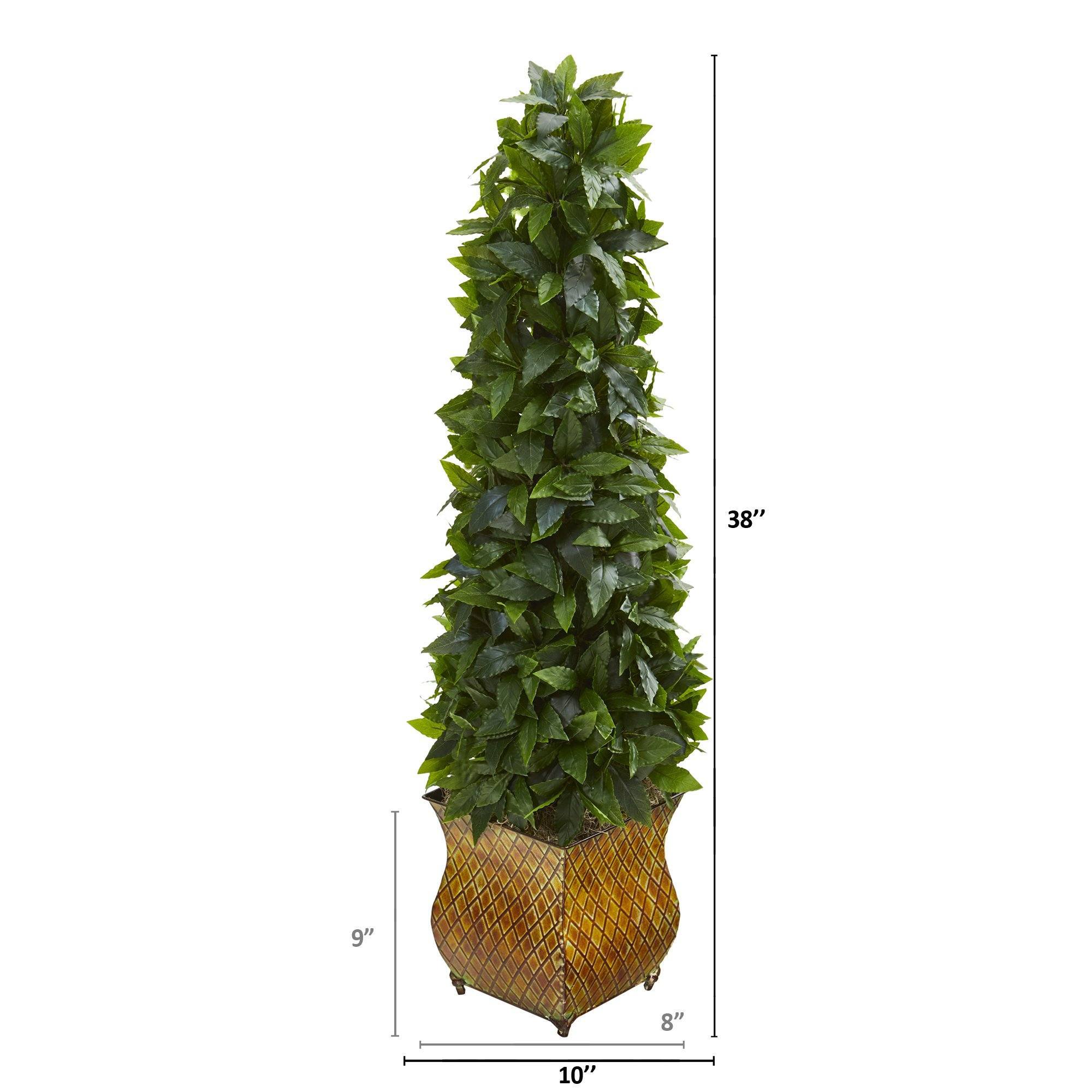 38” Sweet Bay Cone Topiary Artificial Tree in Decorative Metal Planter ...