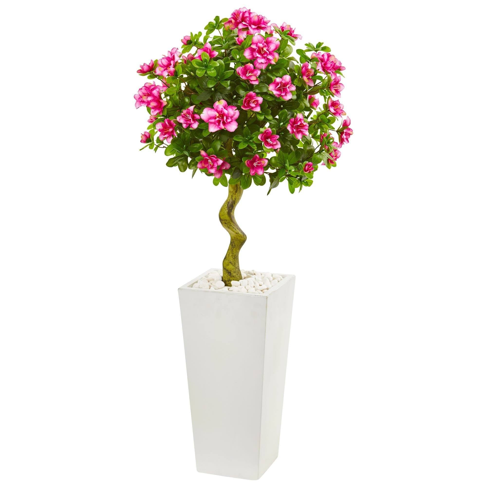 4’ Azalea Artificial Topiary Tree in White Tower Planter | Nearly Natural