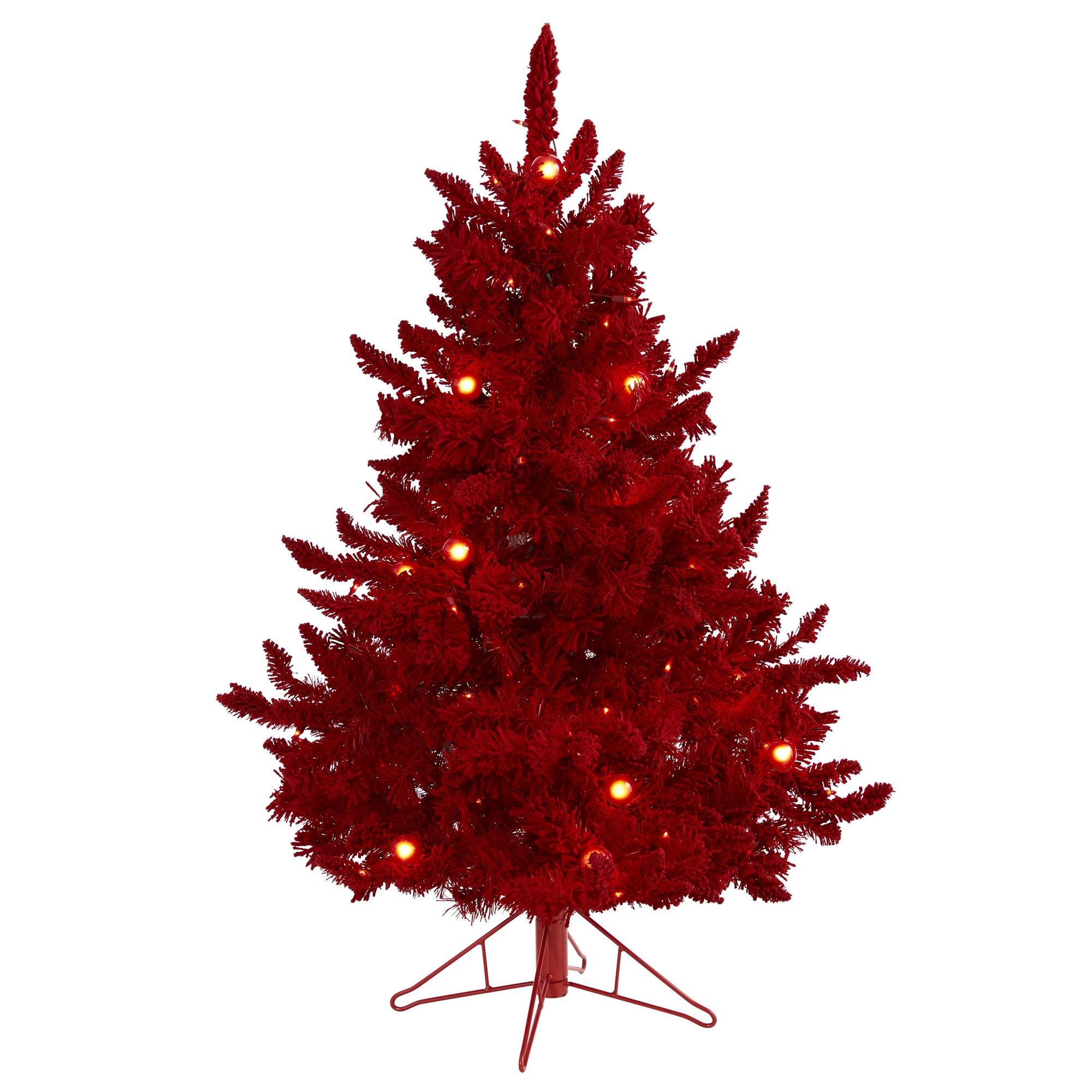 4' Red Flocked Fraser Fir Artificial Christmas Tree with 100 Red Lights ...