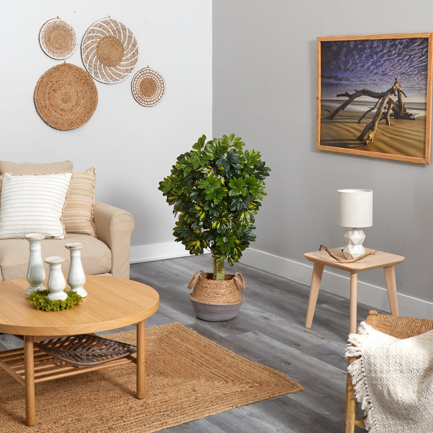 4’ Schefflera Artificial Tree in Boho Chic Handmade Cotton & Jute Gray ...