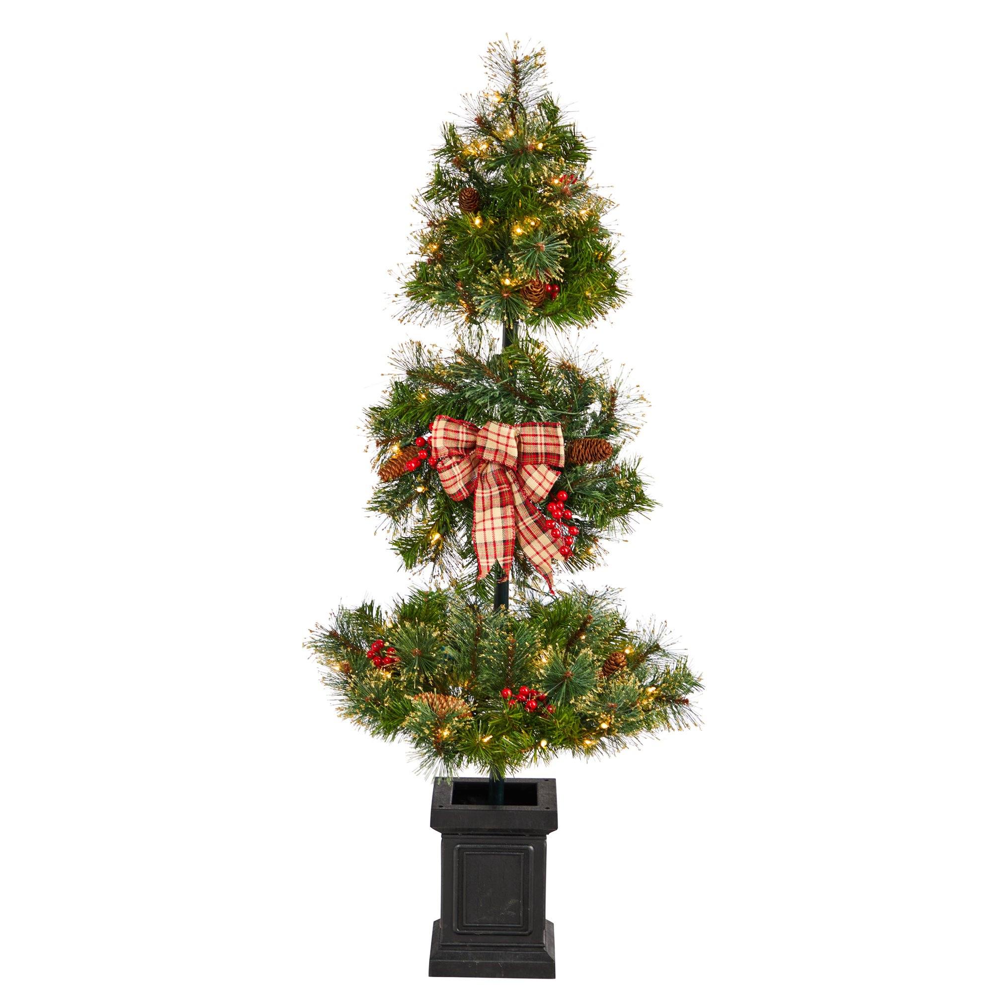 4’ Topiary Tree with Decorative Ribbon, Berries, 70 Clear LED Lights ...