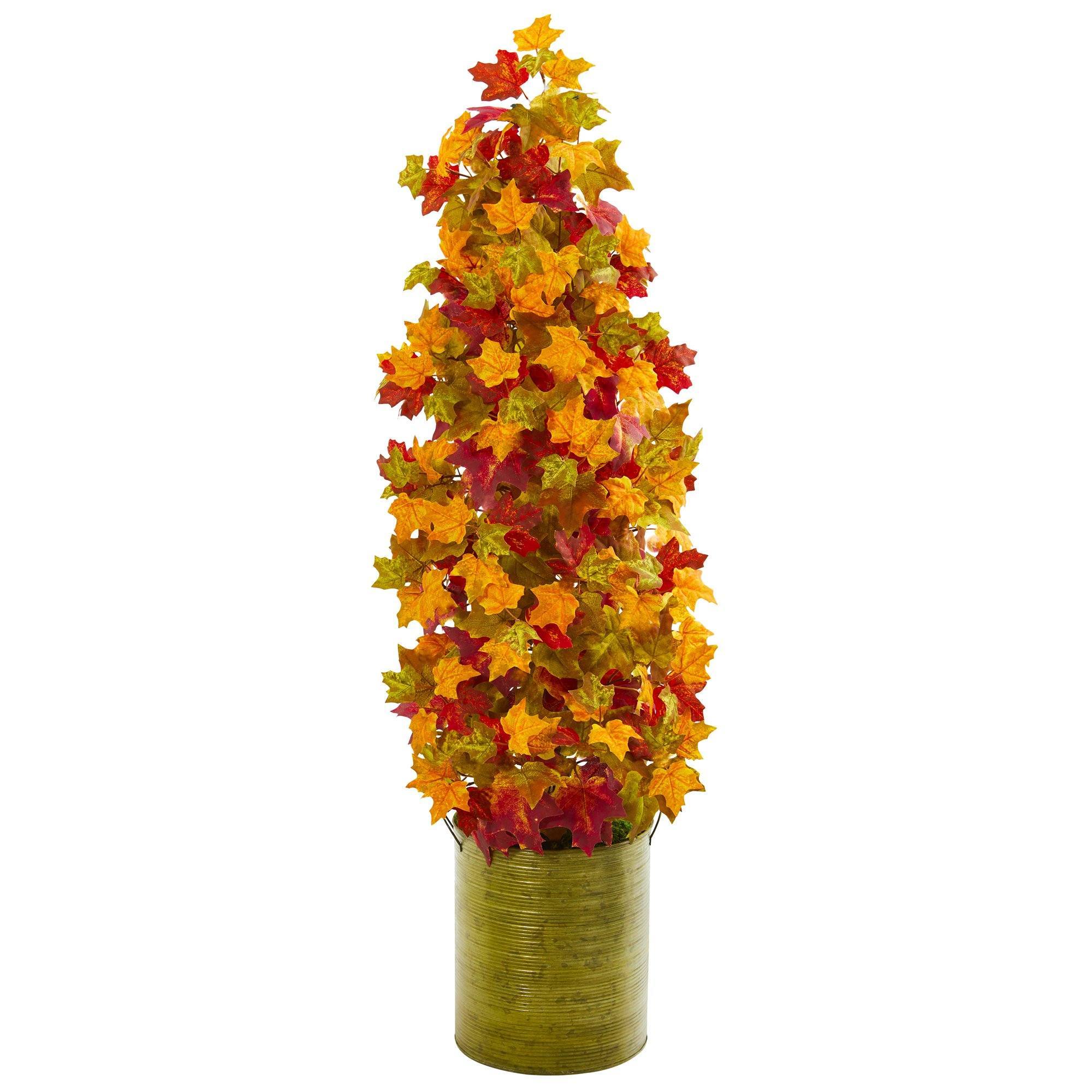 41” Autumn Maple Artificial Tree in Green Metal Planter | Nearly Natural