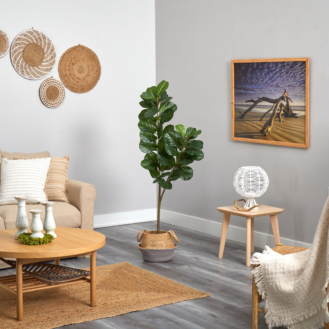 4.5’ Fiddle Leaf Fig Artificial Tree with Boho Chic Handmade Cotton and ...