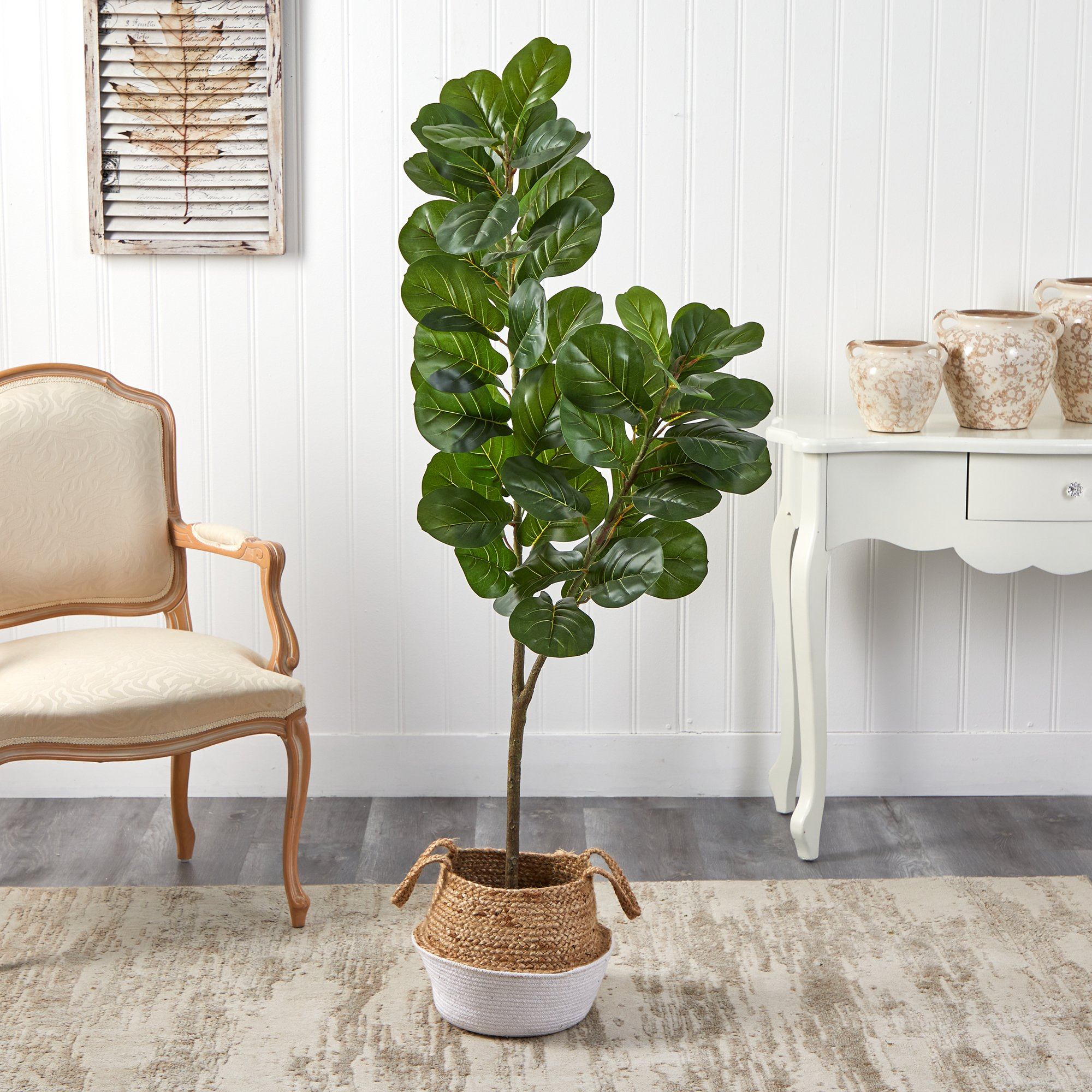 4.5’ Fiddle Leaf Fig Artificial Tree with Boho Chic Handmade Cotton ...