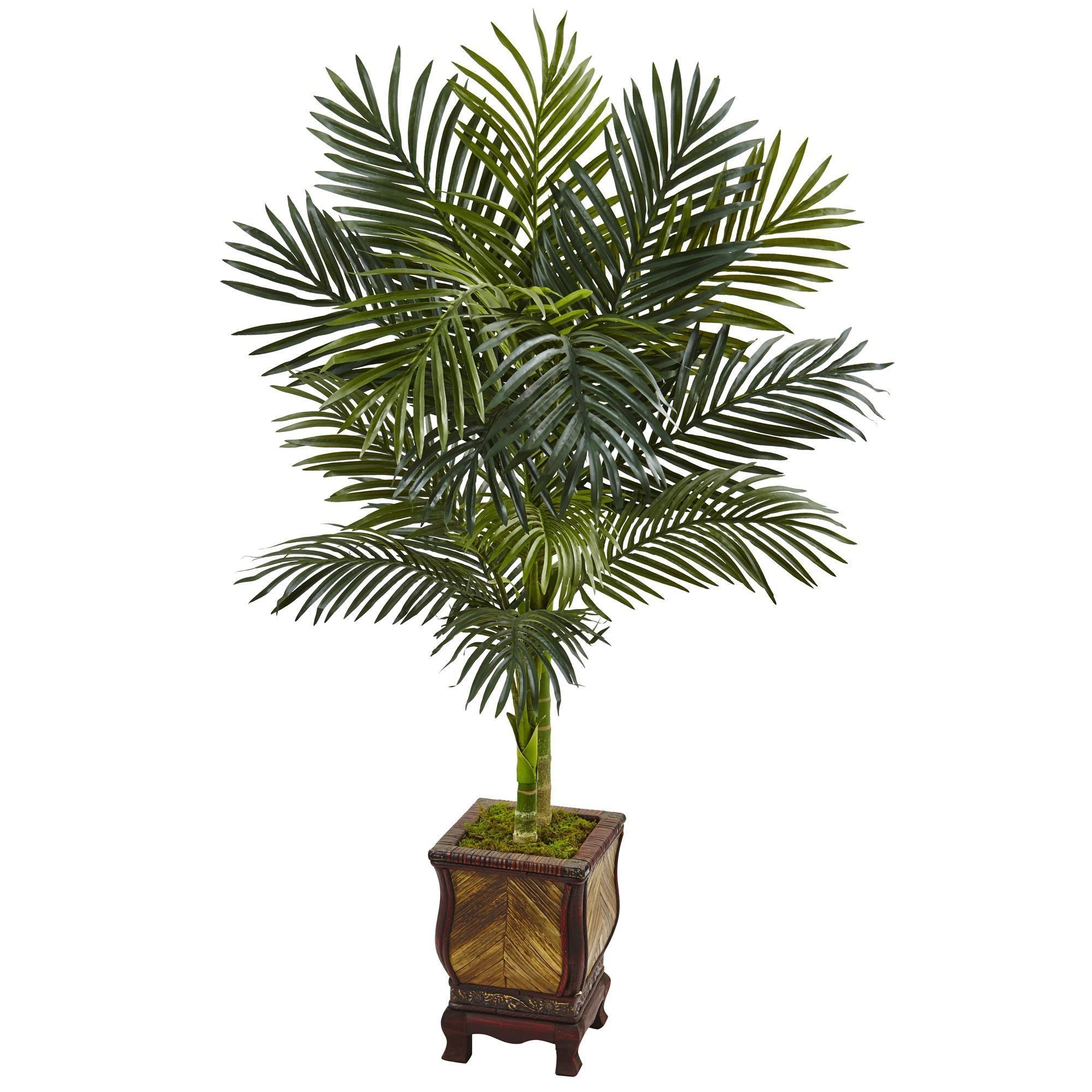 4.5’ Golden Cane Palm Tree in Wooden Decorated Planter | Nearly Natural
