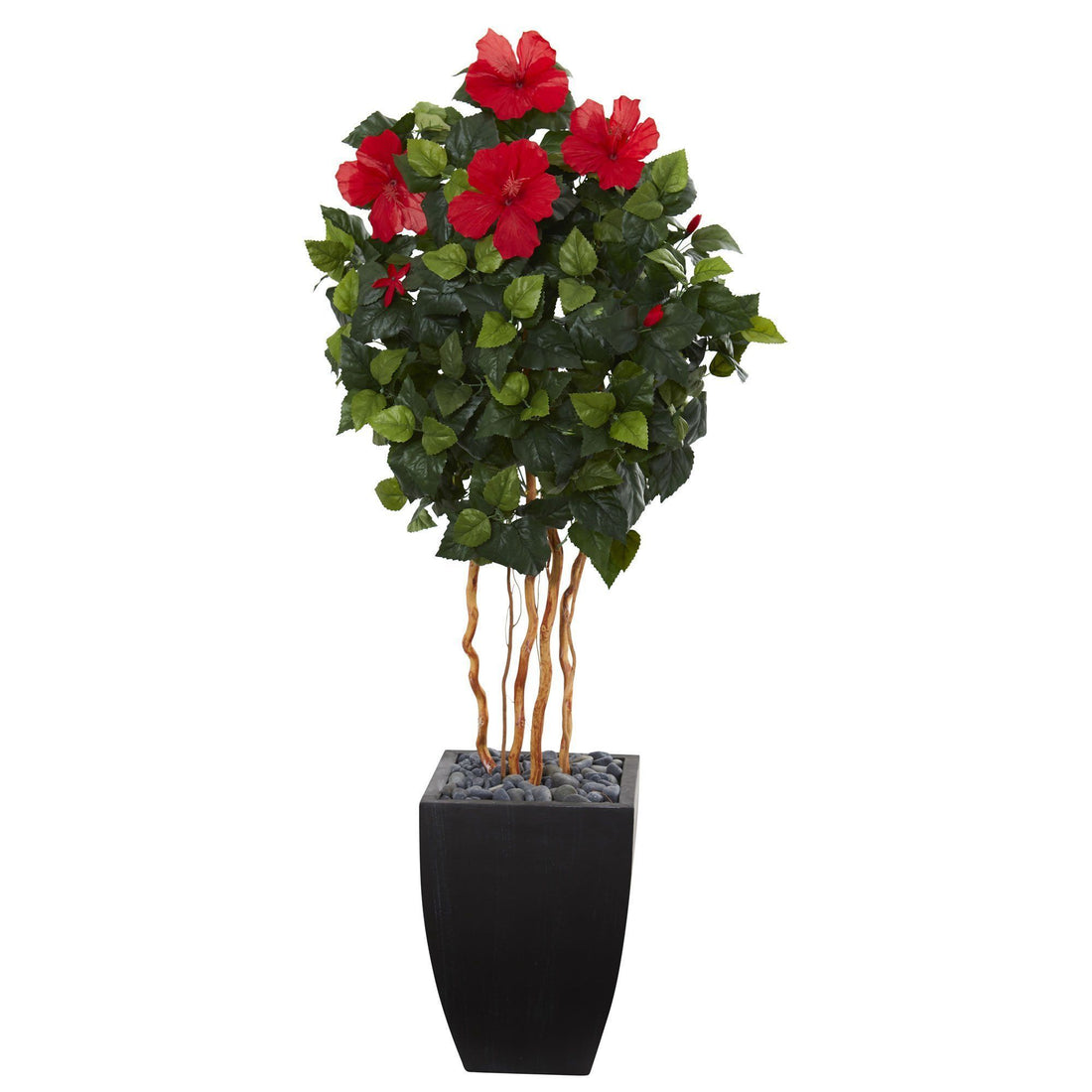 4.5’ Hibiscus Artificial Tree in Black Washed Planter | Nearly Natural