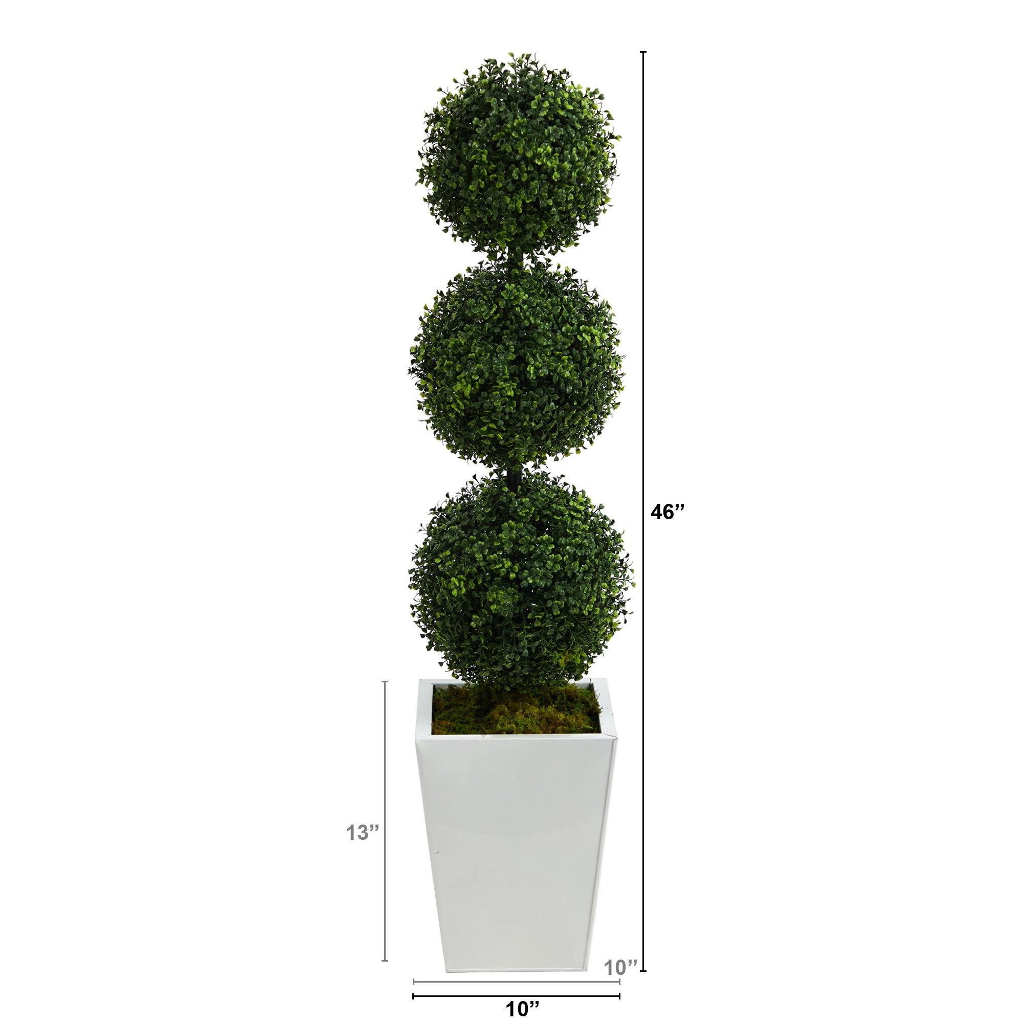 46” Boxwood Triple Ball Topiary Artificial Tree in White Metal Planter ...
