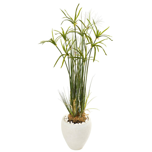47” Papyrus Artificial Plant in White Planter | Nearly Natural