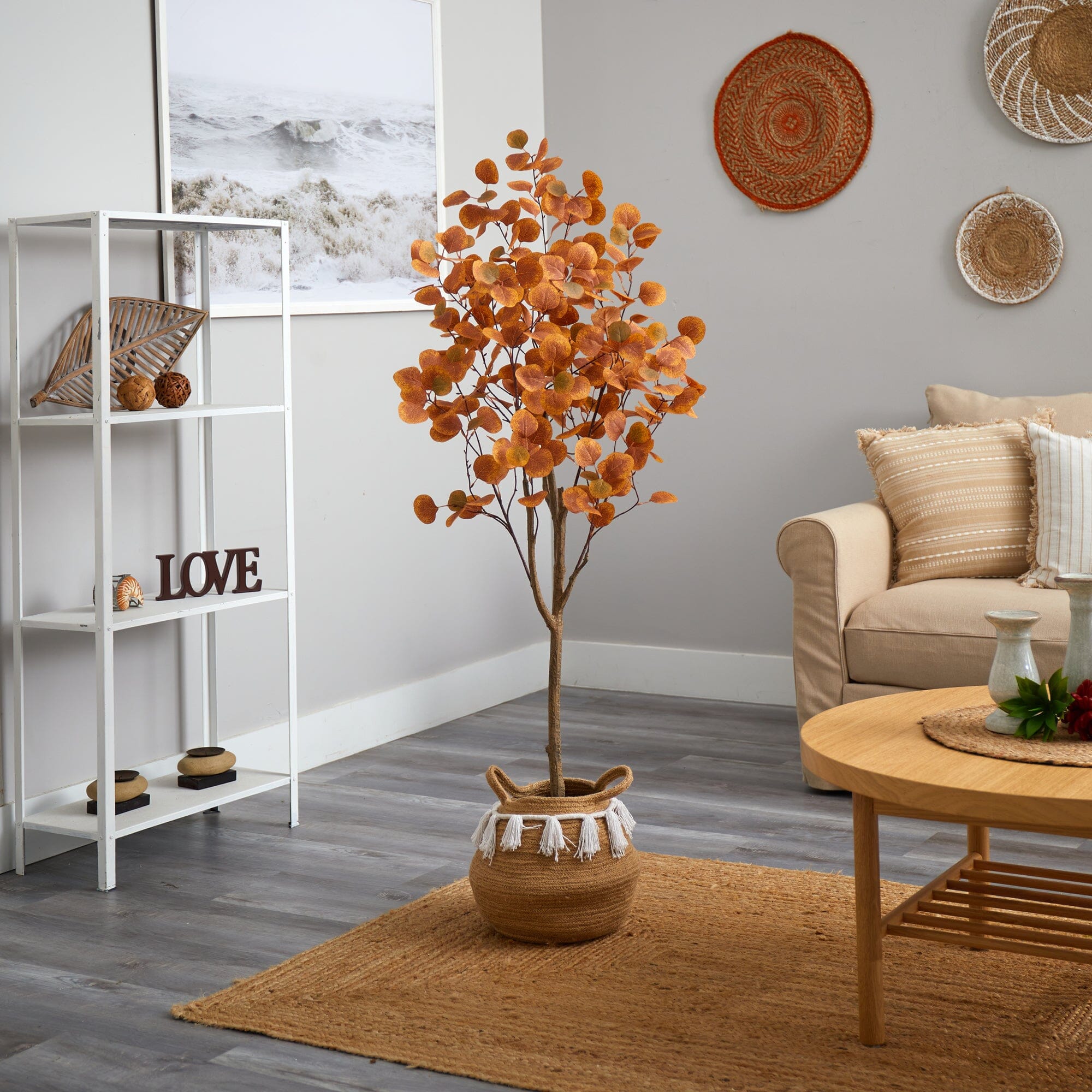 5’ Artificial Autumn Eucalyptus Tree with Handmade Jute & Cotton Basket ...