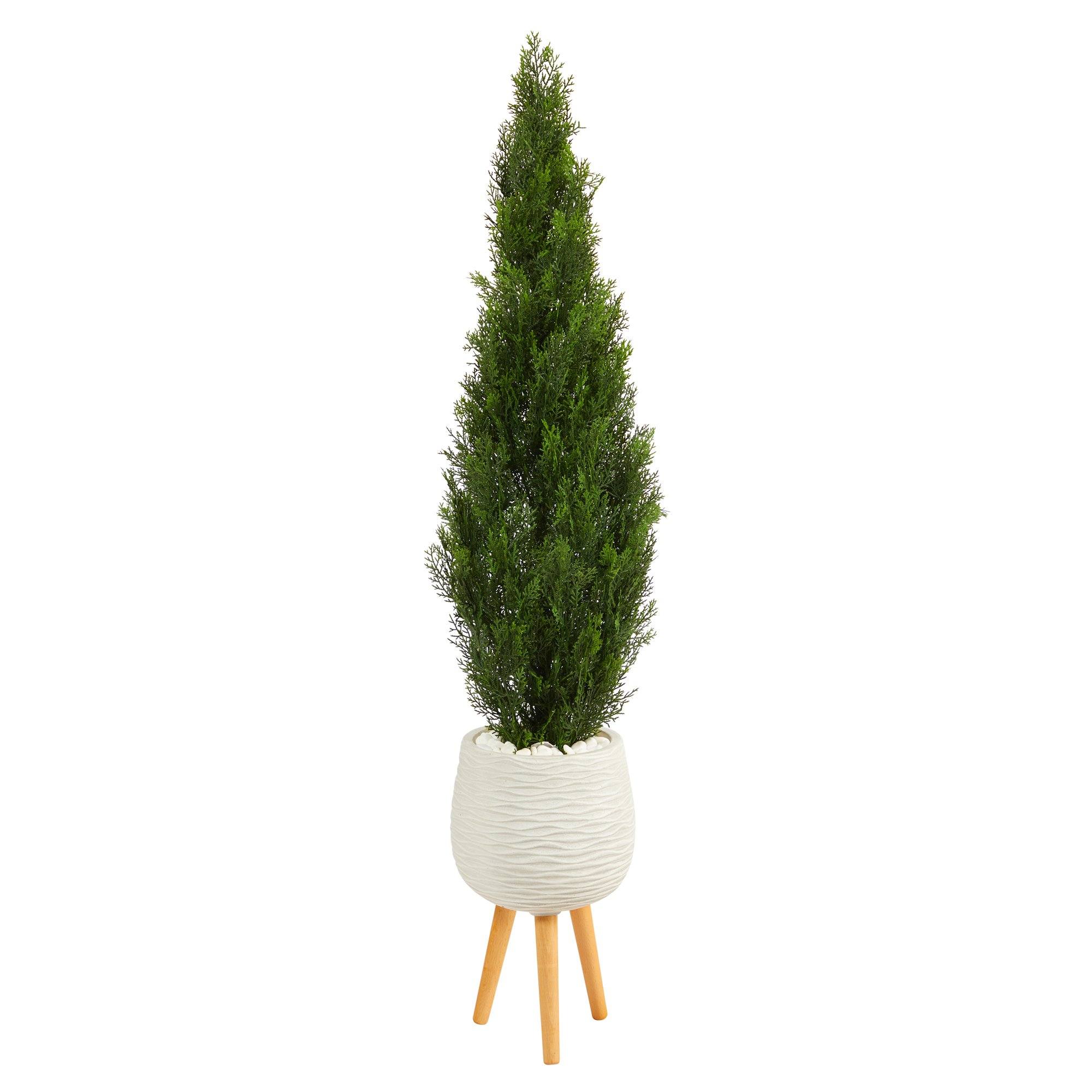 5' Cedar Artificial Tree in White Planter with Stand (Indoor/Outdoor ...