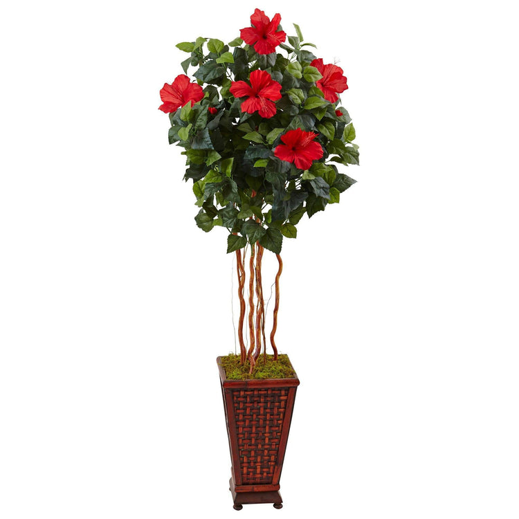 5’ Hibiscus Tree in Decorated Wooden Planter | Nearly Natural