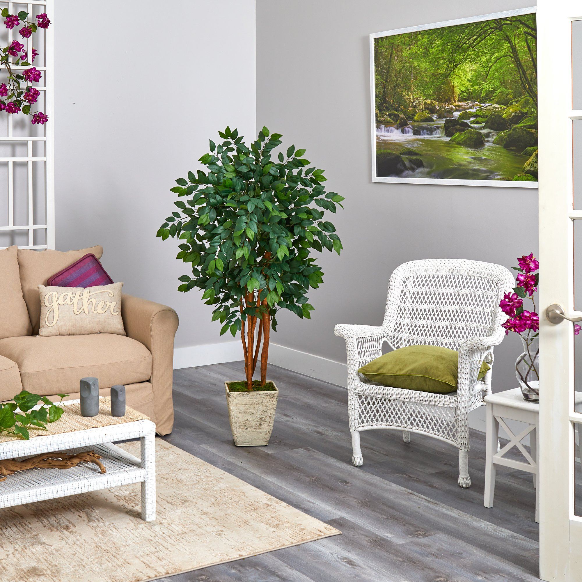 5’ Sakaki Artificial Tree in Country White Planter | Nearly Natural