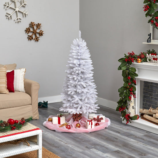 5’ Slim White Artificial Christmas Tree with 150 Warm White LED Lights ...