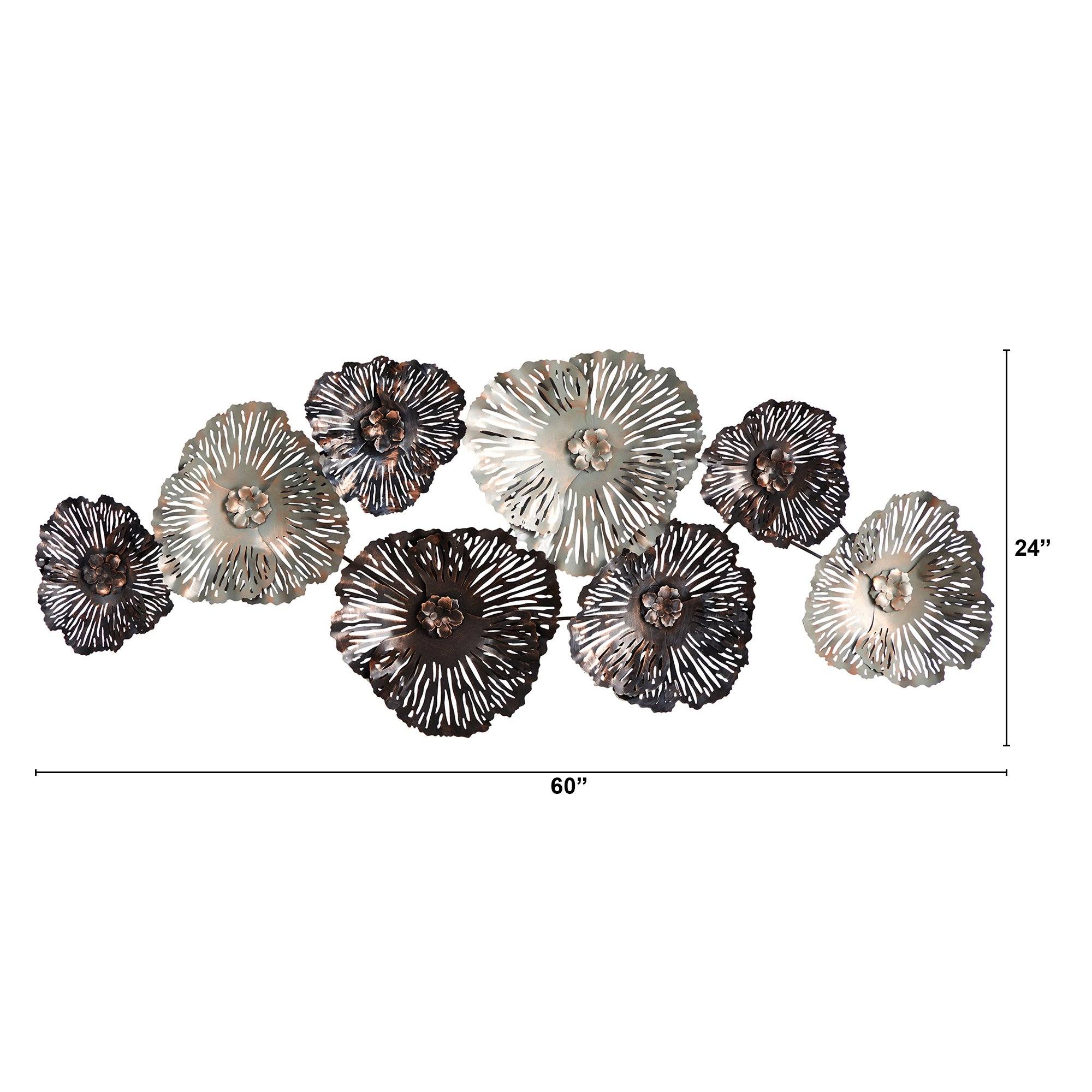5’ x 2’ Floating Metal Floral Design Metal Wall Art Decor | Nearly Natural
