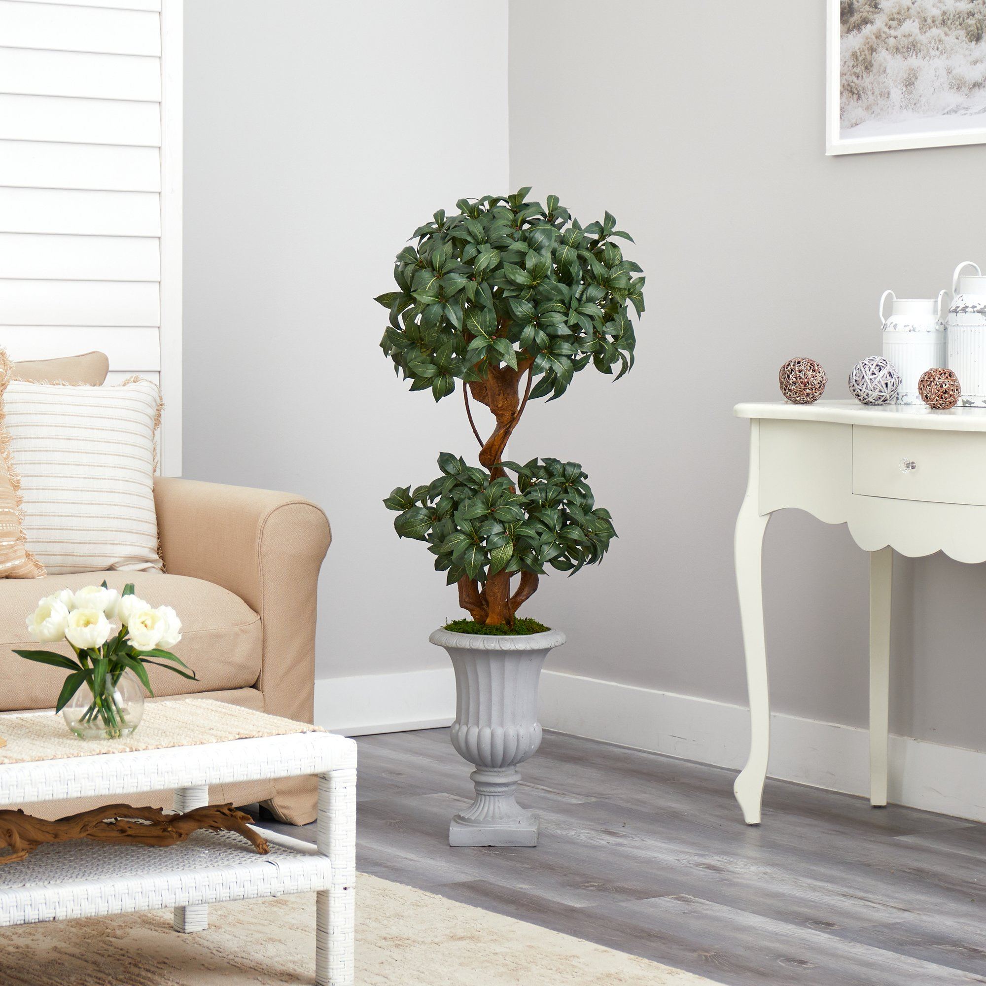 51” Sweet Bay Double Ball Topiary Artificial Tree in Decorative Urn ...