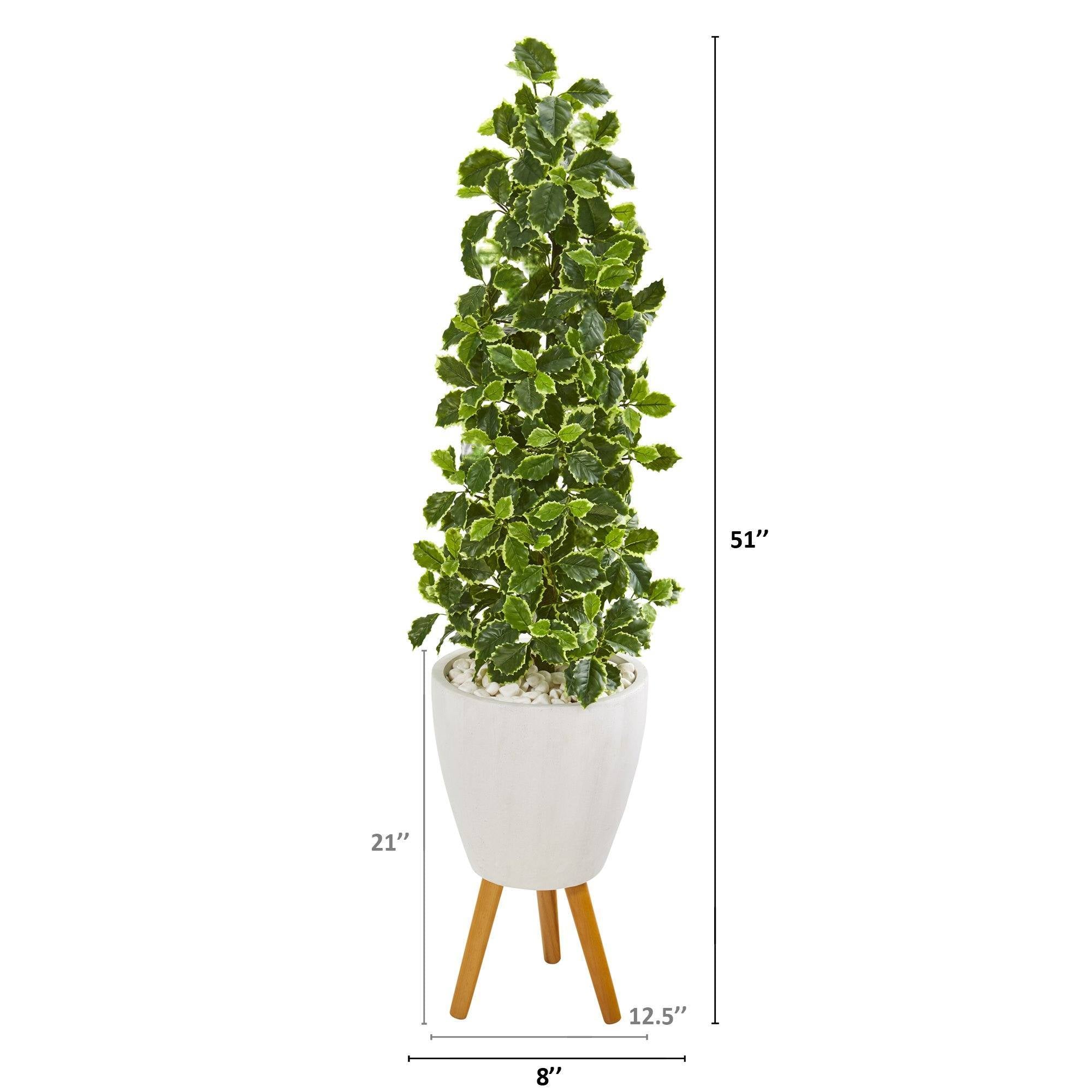 51” Variegated Holly Leaf Artificial Tree in White Planter with Stand ...