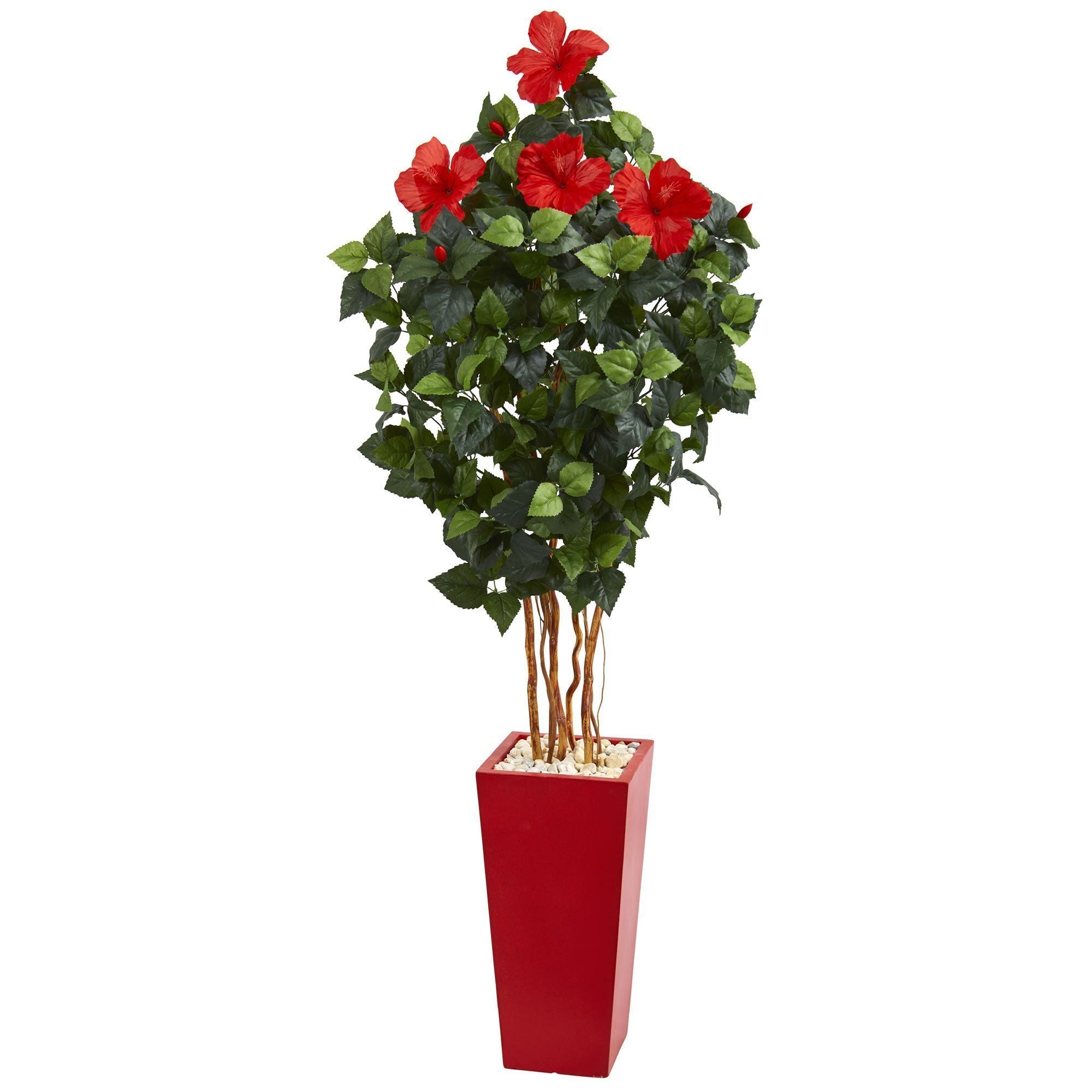 5.5’ Hibiscus Artificial Tree in Red Tower Planter | Nearly Natural