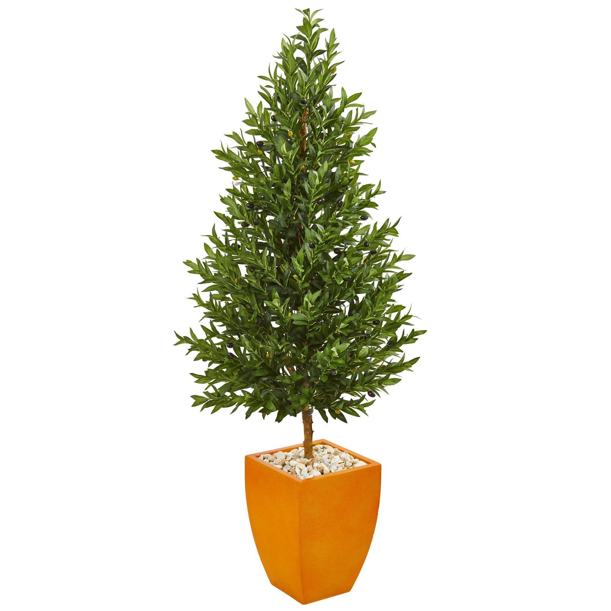 5.5’ Olive Cone Topiary Artificial Tree in Orange Planter UV Resistant ...