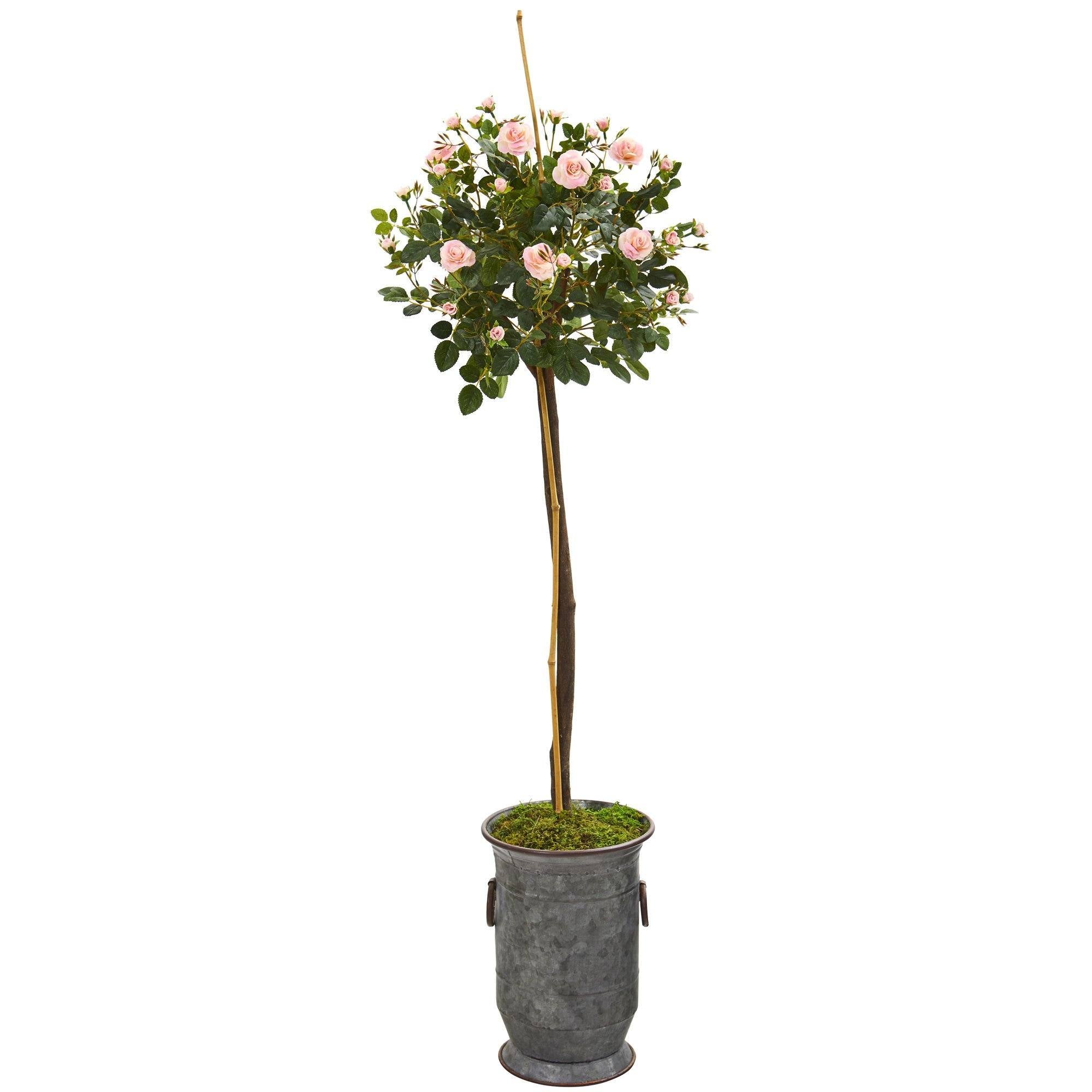 56” Rose Topiary Artificial Tree in Vintage Metal Planter | Nearly Natural
