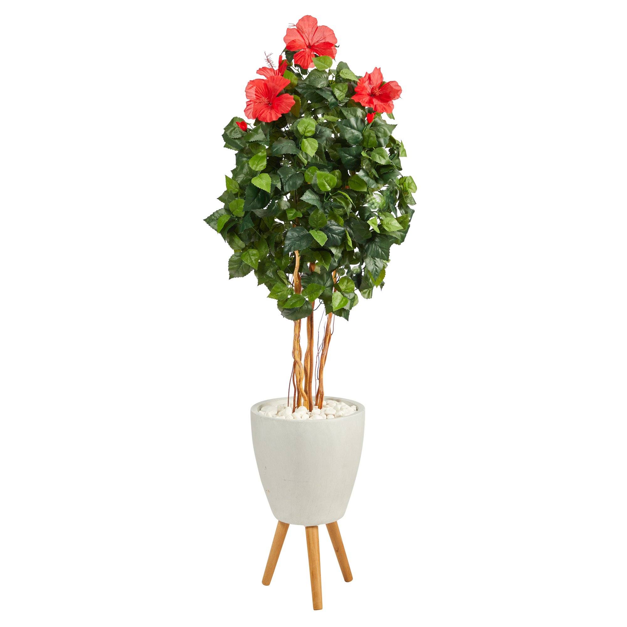 58” Hibiscus Artificial Tree in White Planter with Stand | Nearly Natural