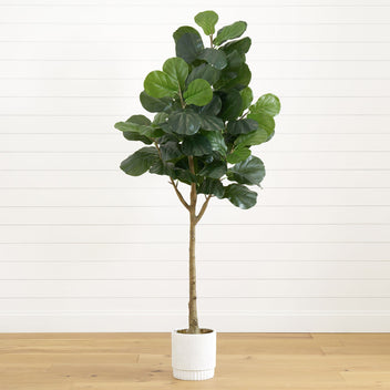6’ Artificial Fiddle Leaf Fig Tree with White Decorative Planter ...