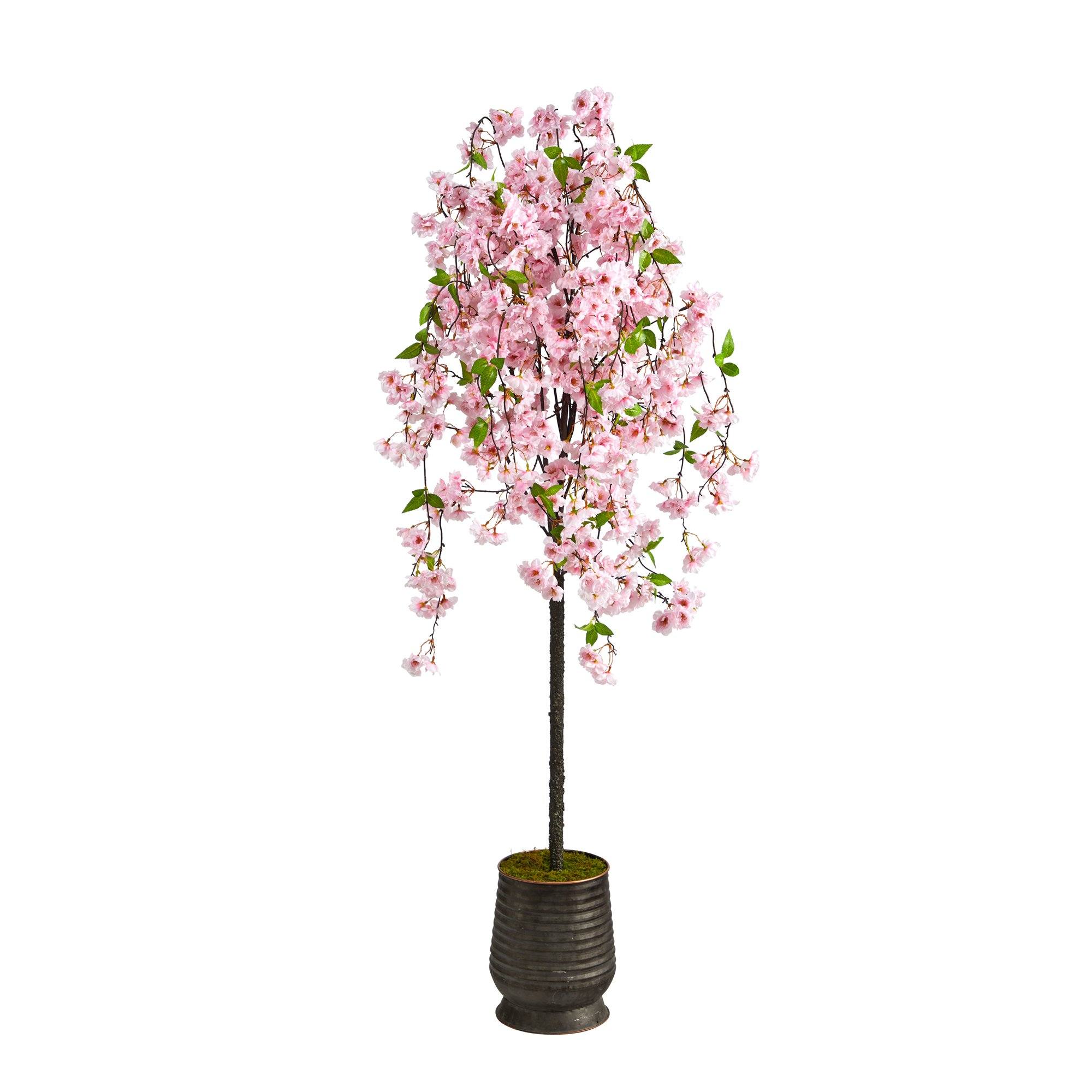 6' Cherry Blossom Artificial Tree in Ribbed Metal Planter | Nearly Natural