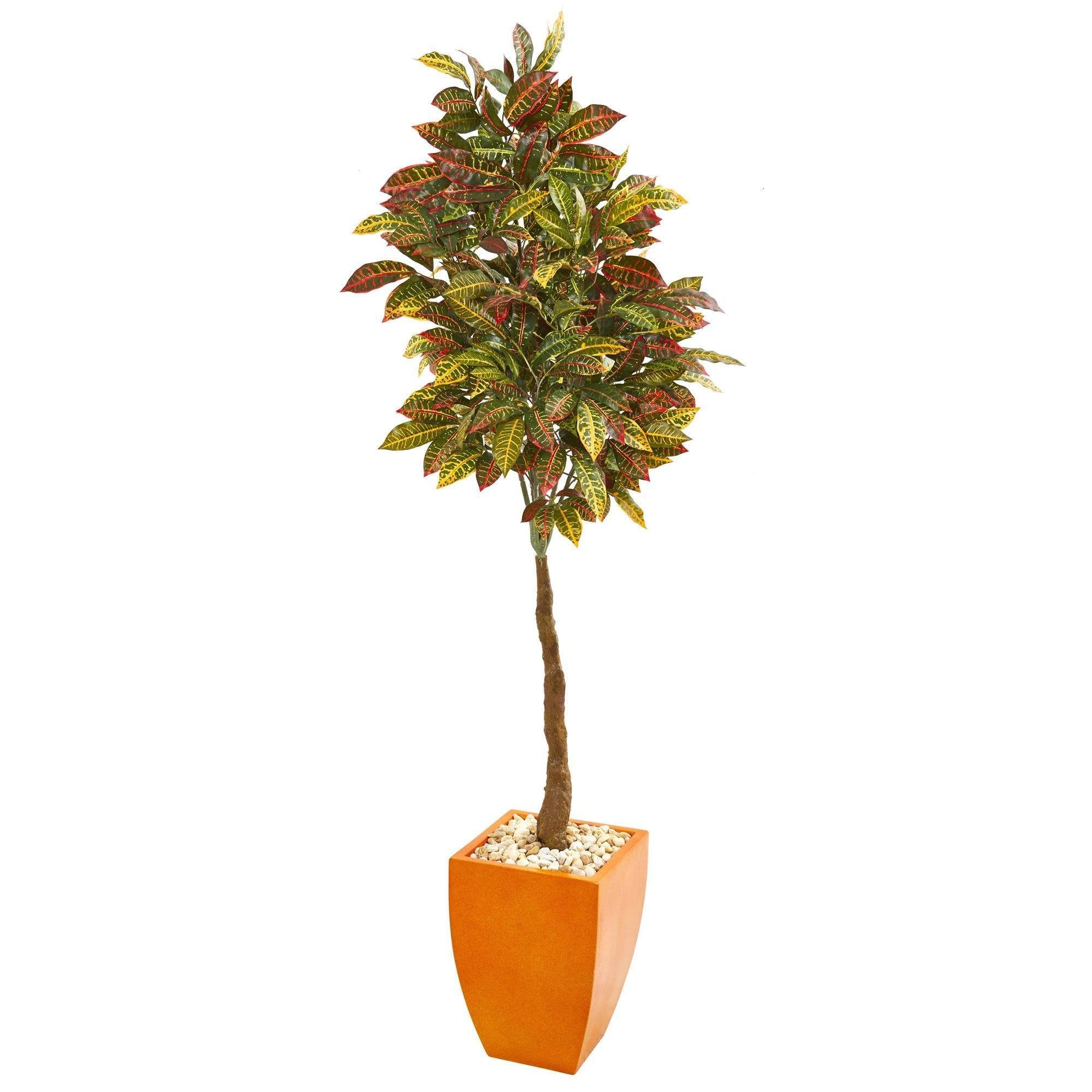 6’ Croton Artificial Tree in Orange Planter | Nearly Natural