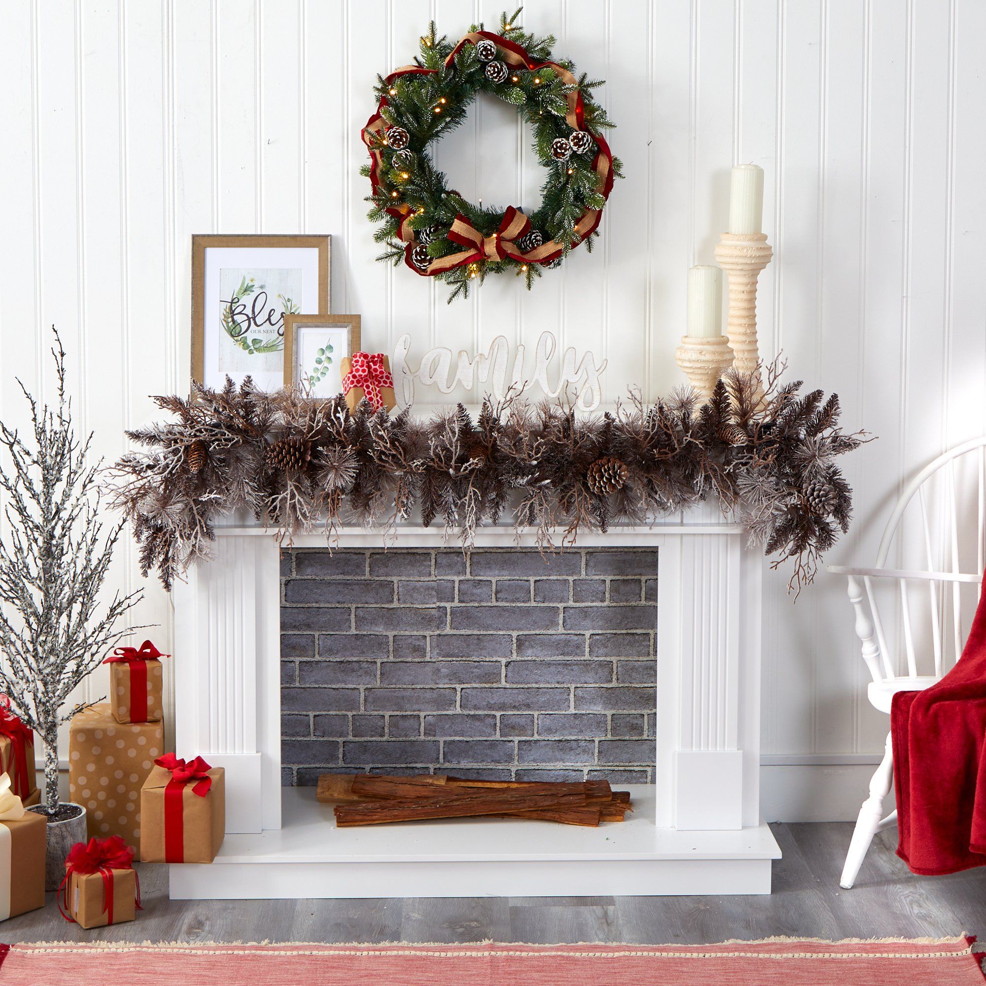 6 Flocked Artificial Christmas Garland with 50 White Warm LED Lights and Pine Cones Nearly Natural