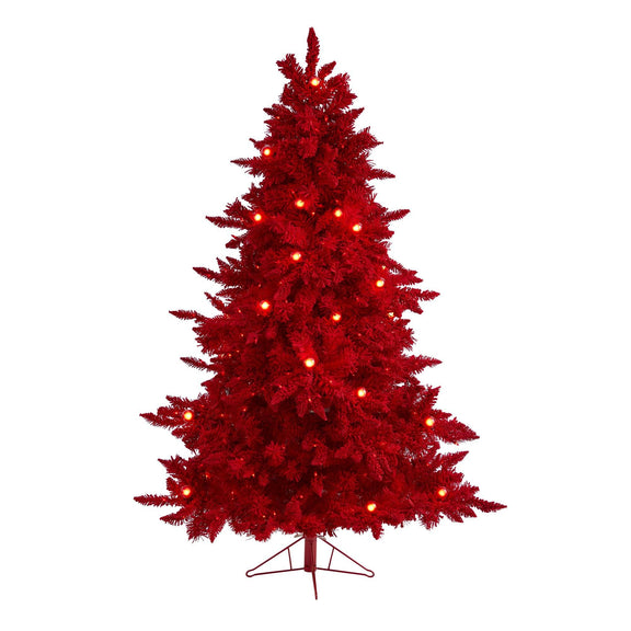 6' Red Flocked Fraser Fir Artificial Christmas Tree with 350 Red Lights ...